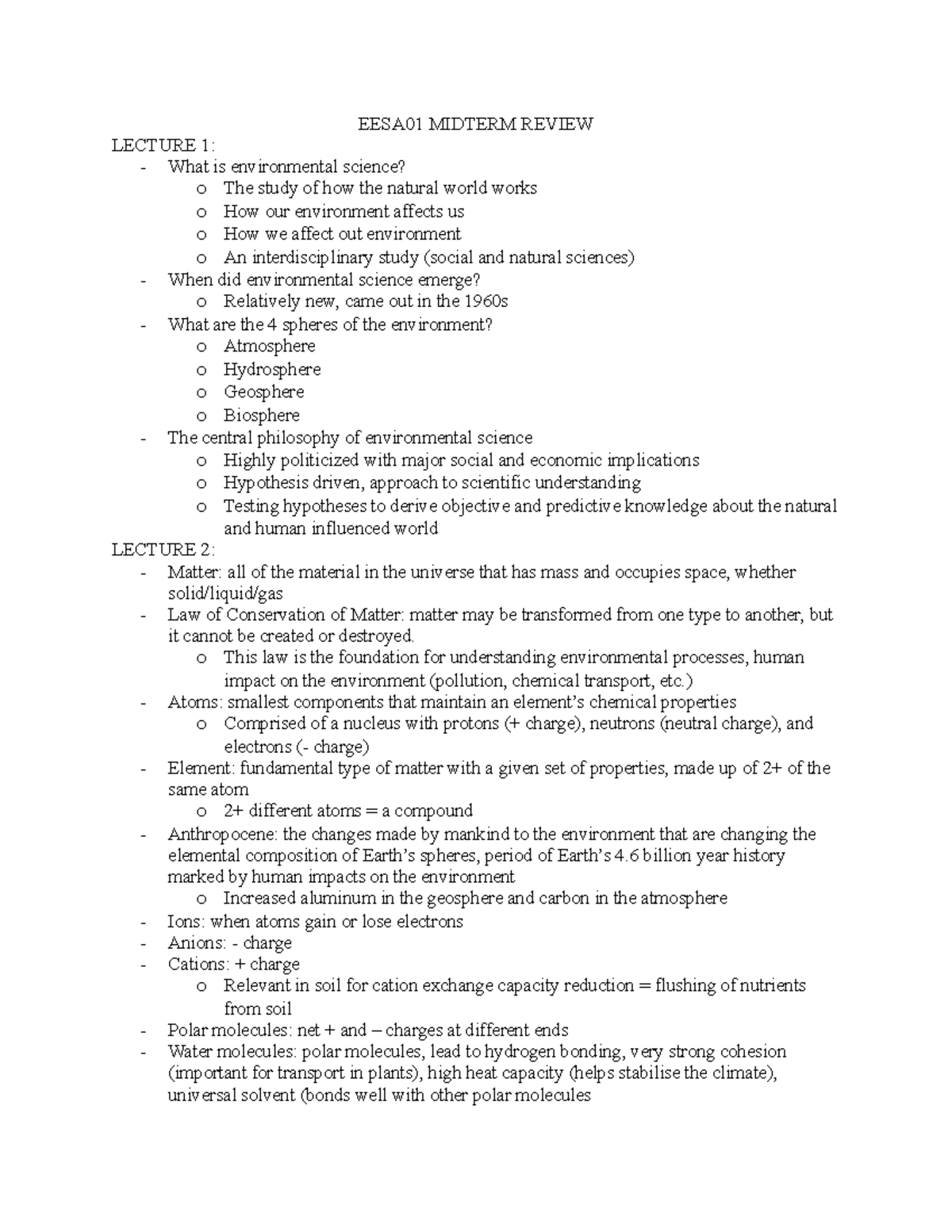 EESA01 Midterm Review - Summary Introduction to Environmental Science - EESA01 MIDTERM REVIEW ...