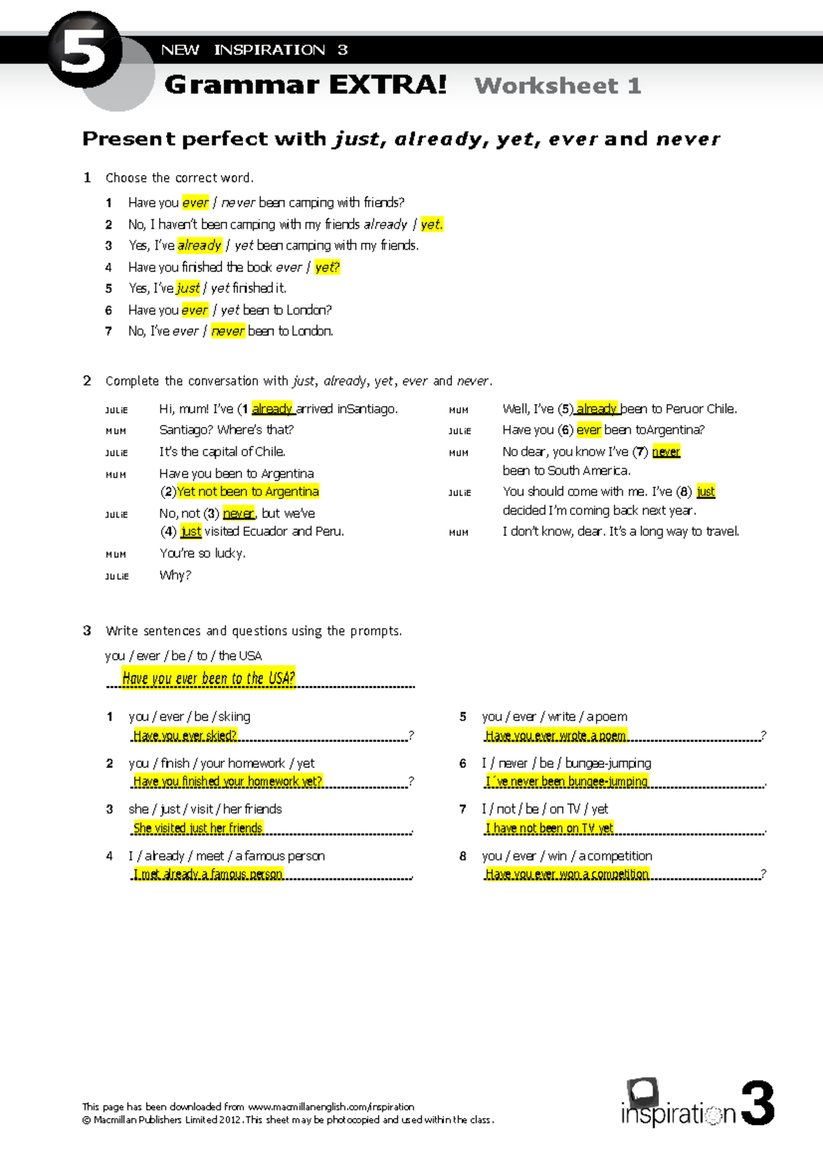 Classwork Week 1 Present perfect with just, already, yet, ever and never - 5 NEW INSPIRATION 3 ...