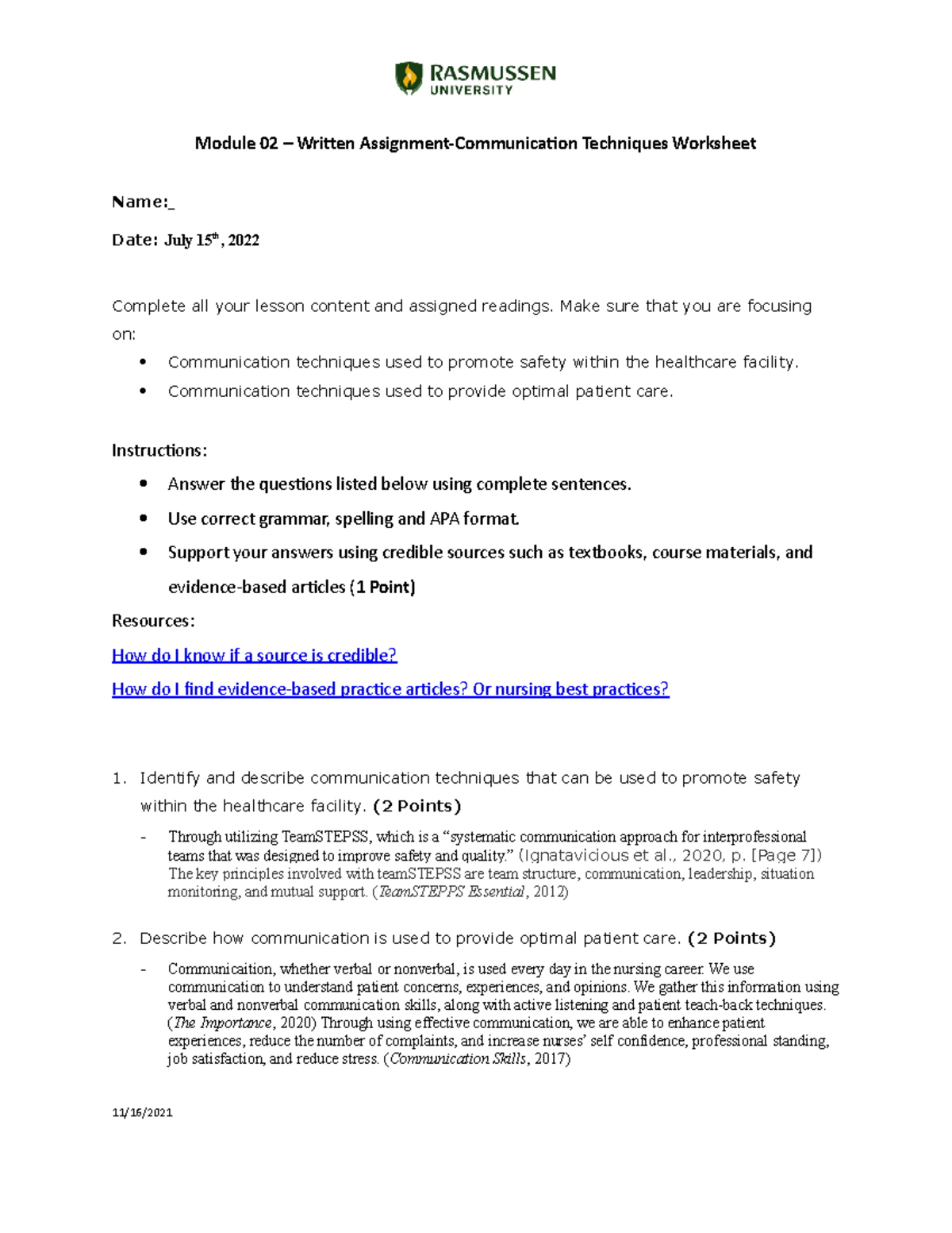 PN1 Module 2 Worksheet - Module 02 – Written Assignment-Communication ...