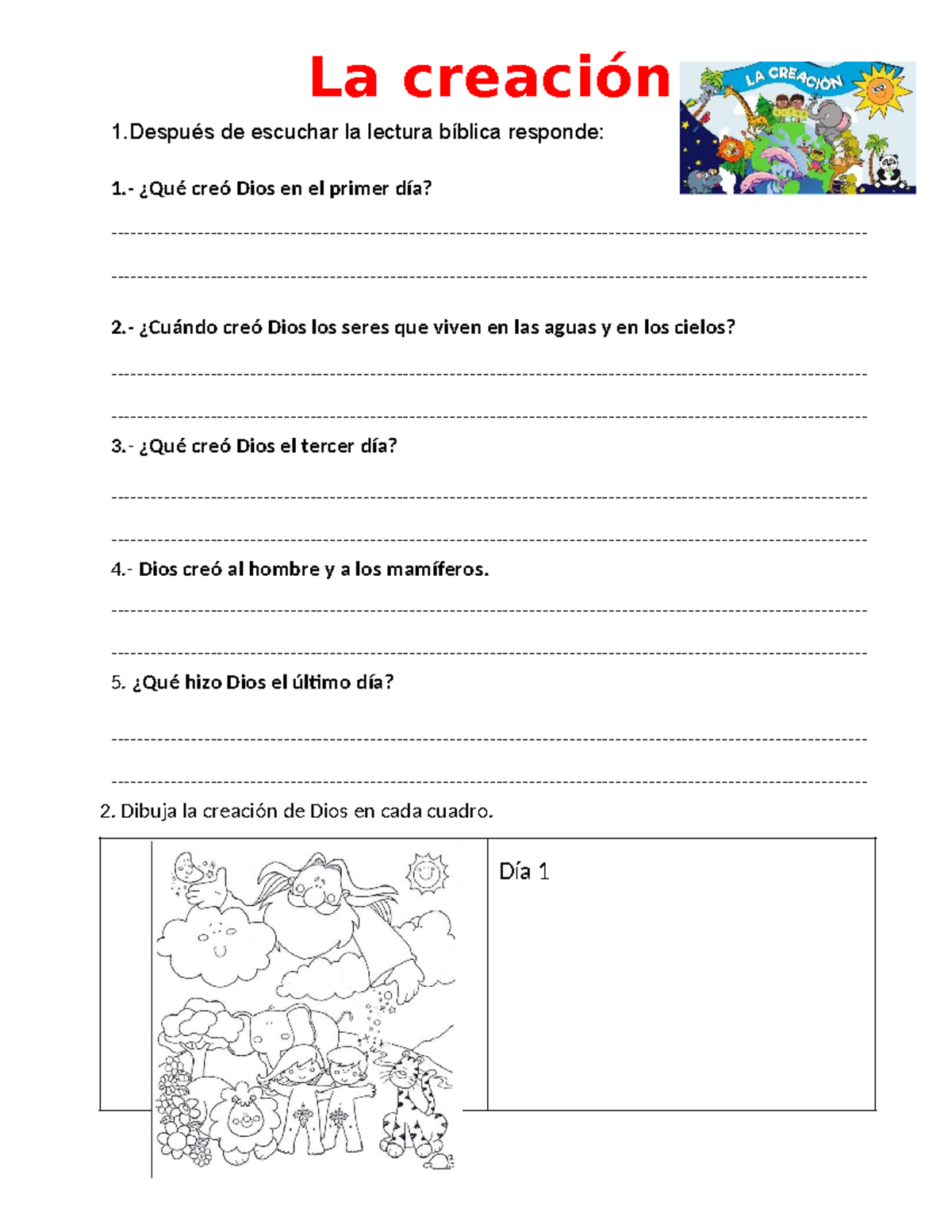 D2 A2 Ficha REL. La creación de Dios - La creación 1és de escuchar la lectura bíblica responde ...