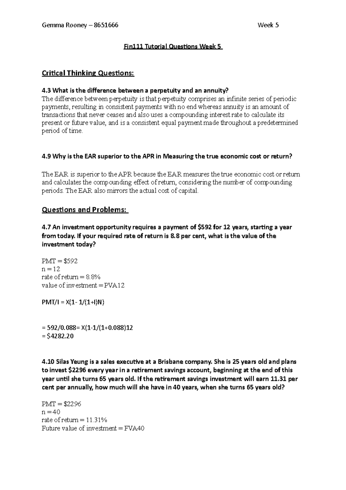 Week 5 Finance H:W Questions - Fin111 Tutorial Questions Week 5 ...