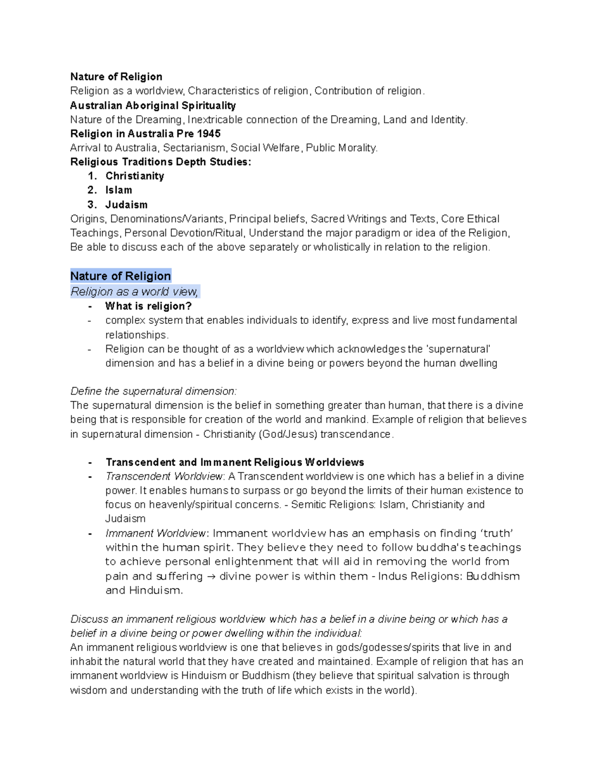 SorII Syllabus Notes - Nature of Religion Religion as a worldview ...