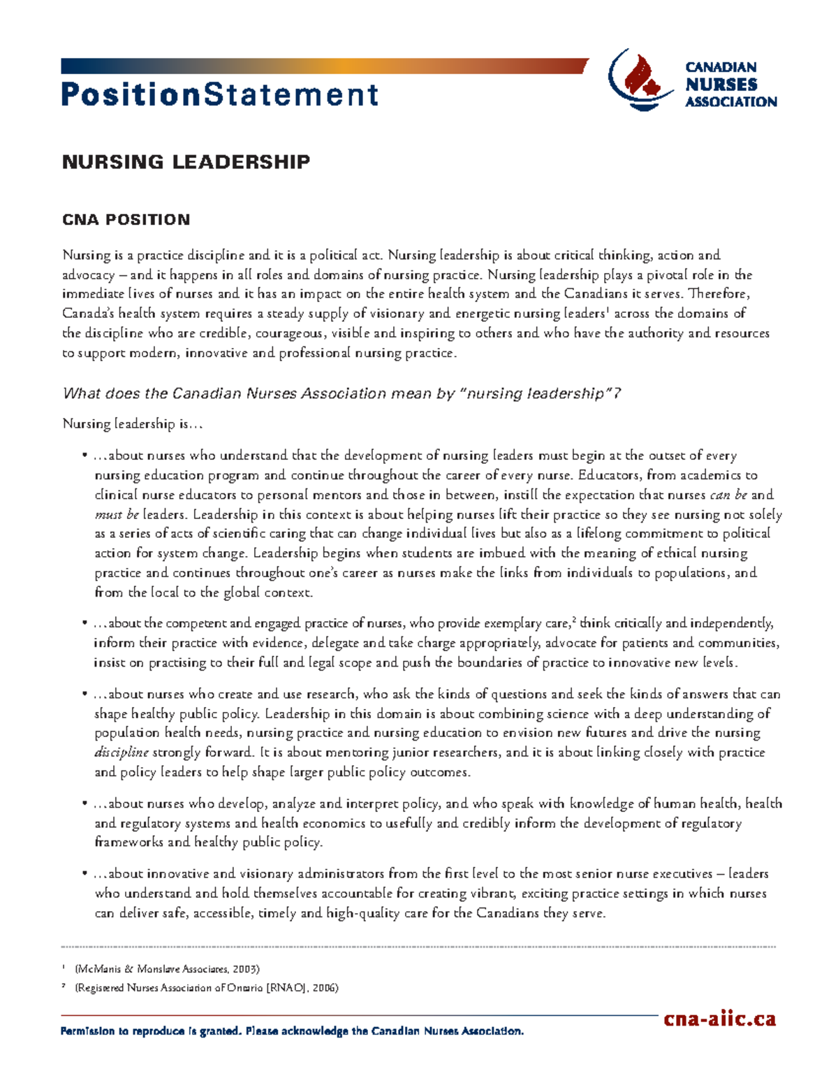 Nursing Leadership position statement - NURS4100U - Ontario Tech ...
