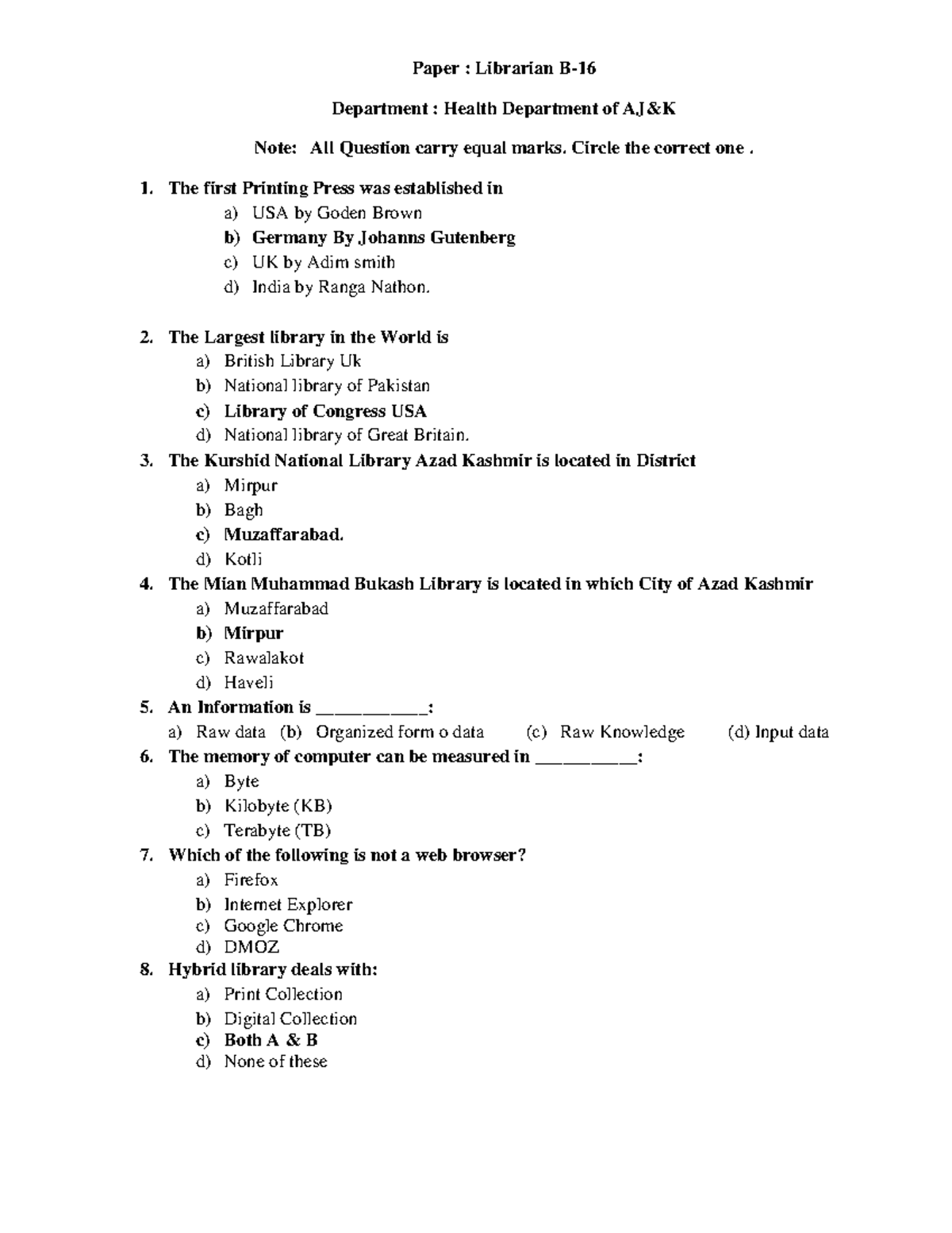 Answer key Librarian Paper - Paper : Librarian B- Department : Health ...