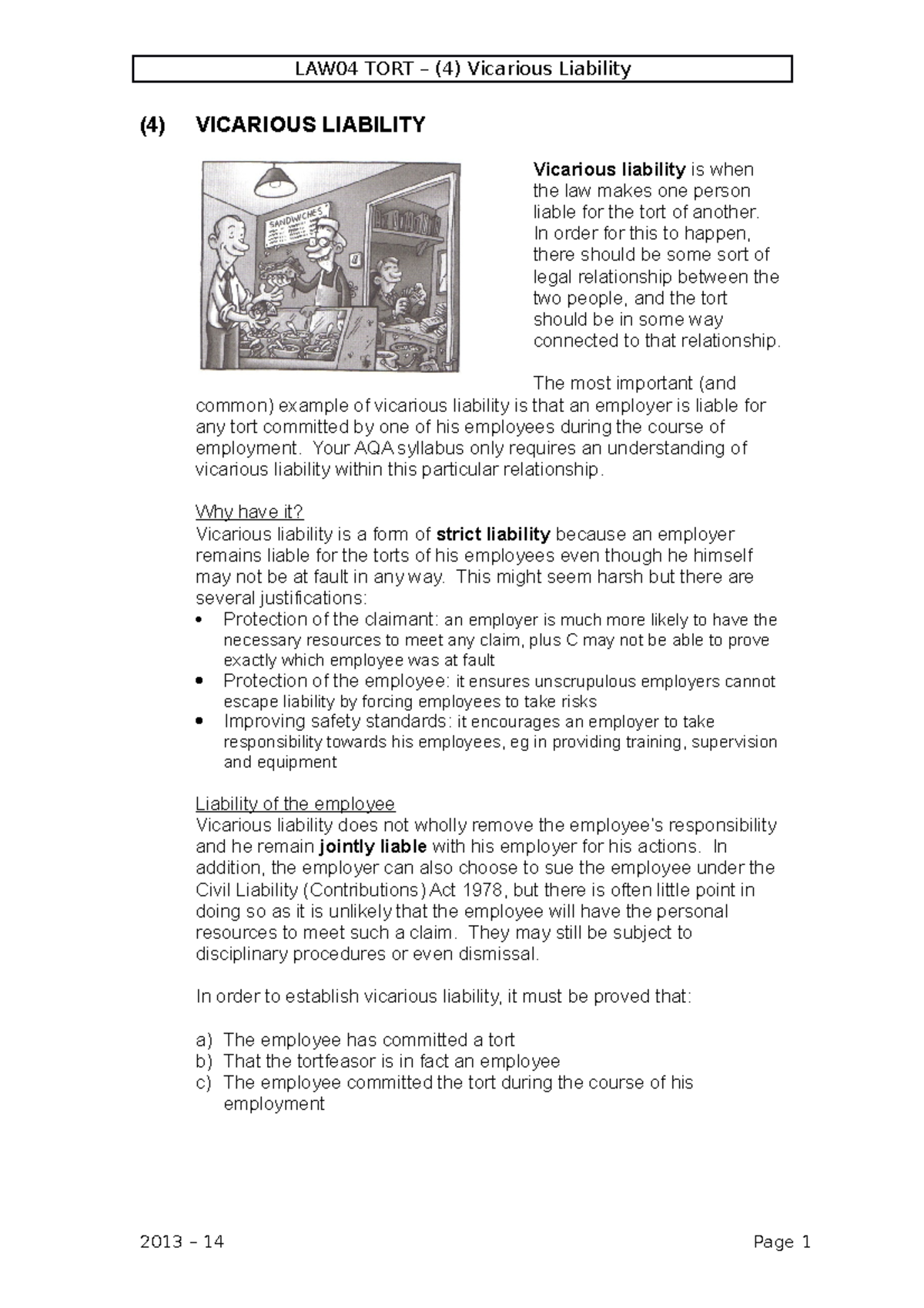 Vicarious Liability 2013-14 - (4) VICARIOUS LIABILITY Vicarious ...