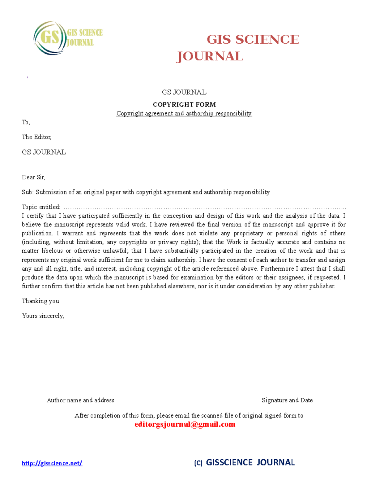 Gs- copyright-form - nill - GIS SCIENCE JOURNAL GS JOURNAL COPYRIGHT ...