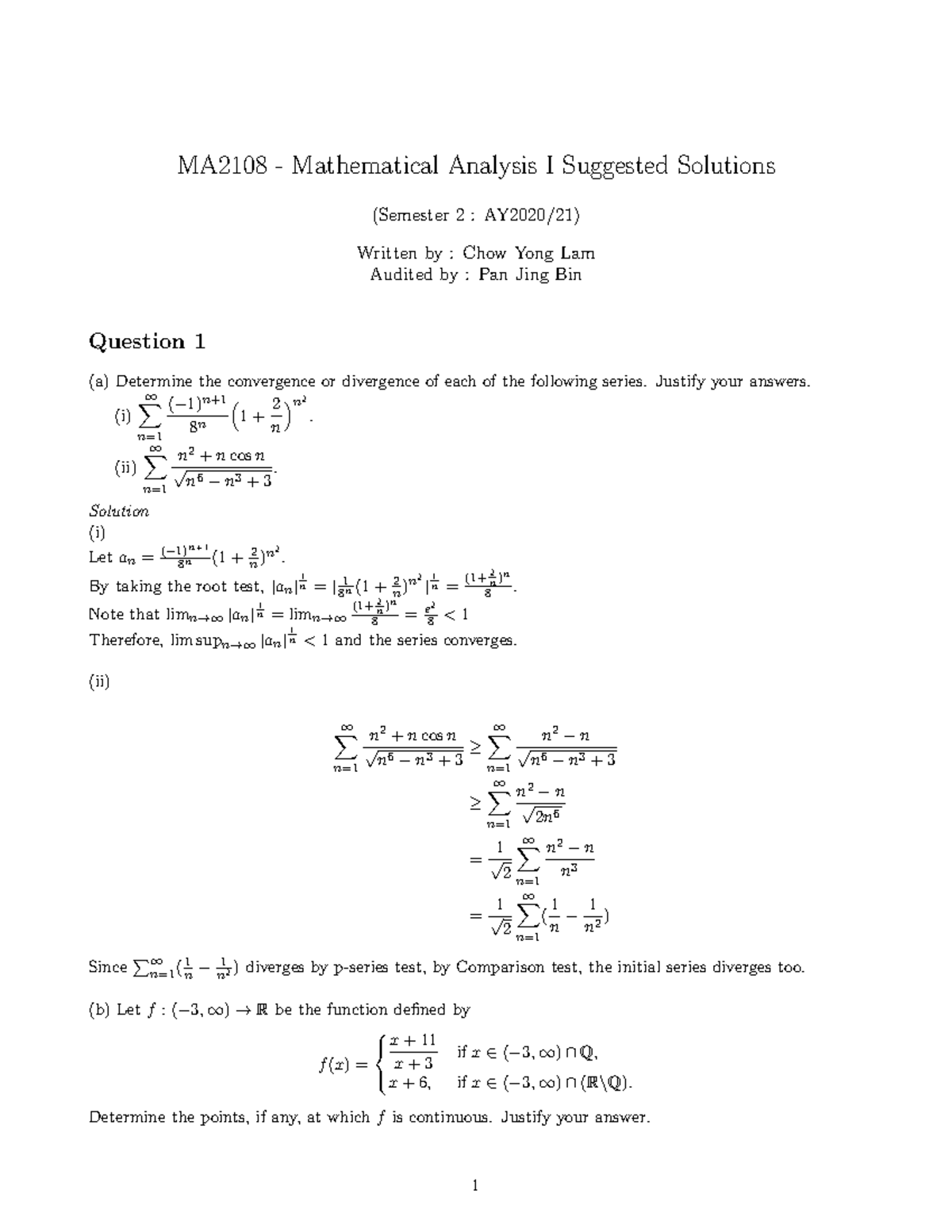 MA2108 2020 Solutions - MA2108 - Mathematical Analysis I Suggested Solutions (Semester 2 : - Studocu