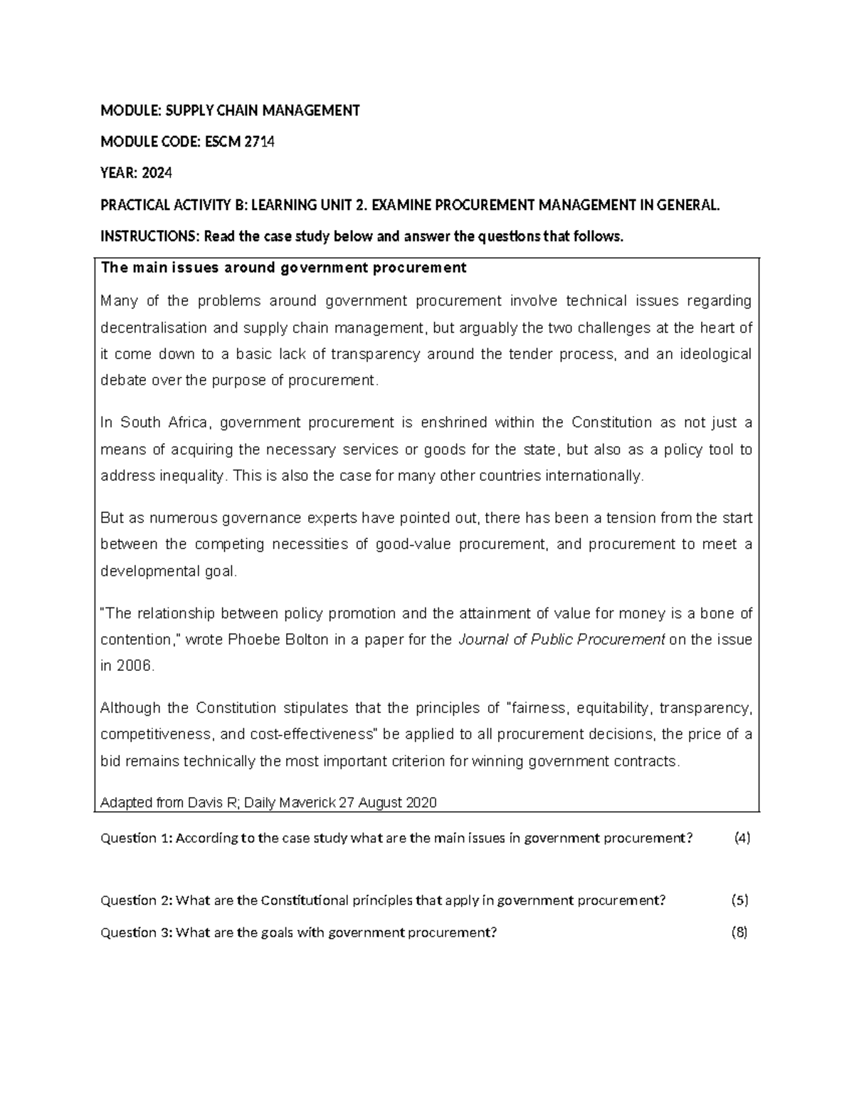 Practical Activity B 2024 - MODULE: SUPPLY CHAIN MANAGEMENT MODULE CODE: ESCM 2714 YEAR: 2024 ...