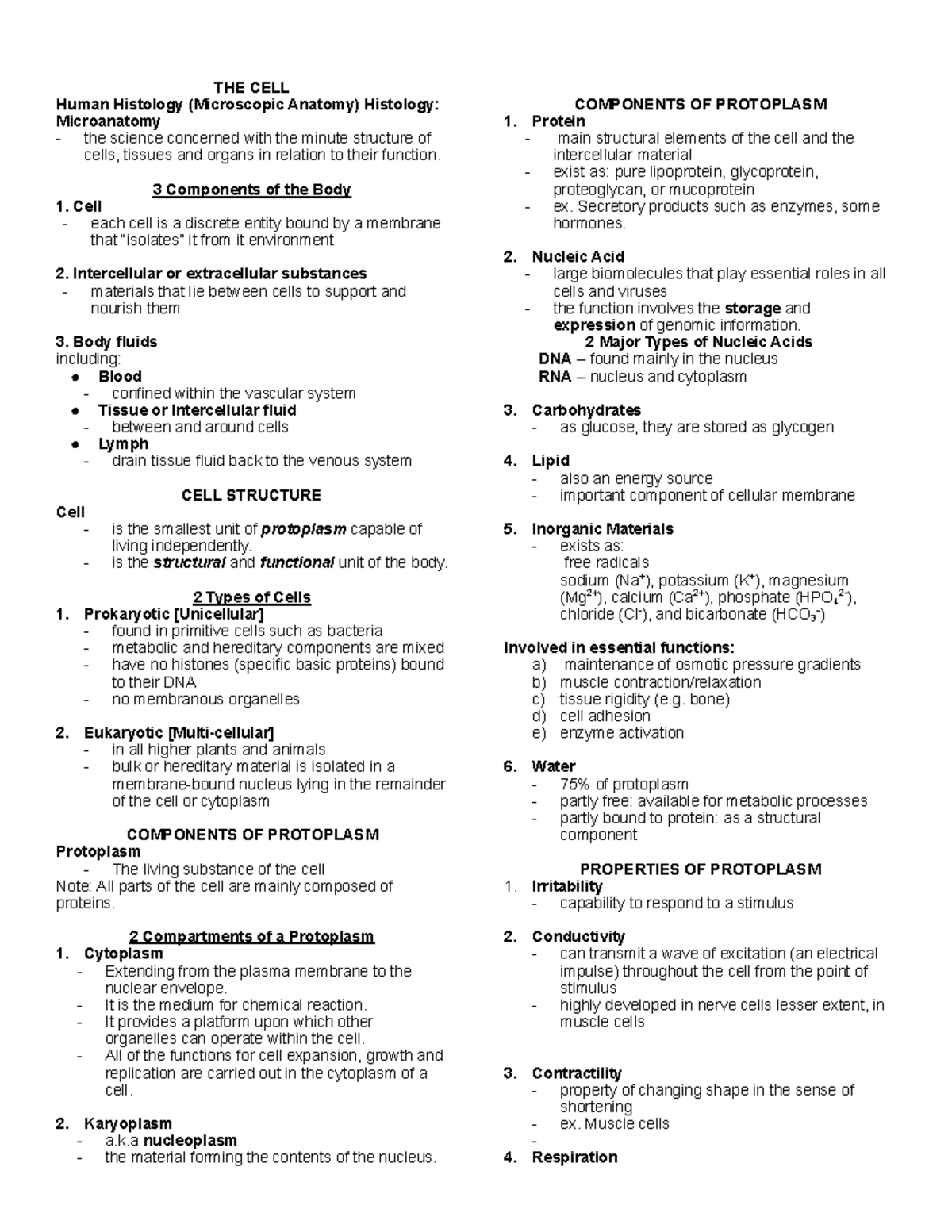 Histology Notes 2nd Year College - THE CELL Human Histology ...