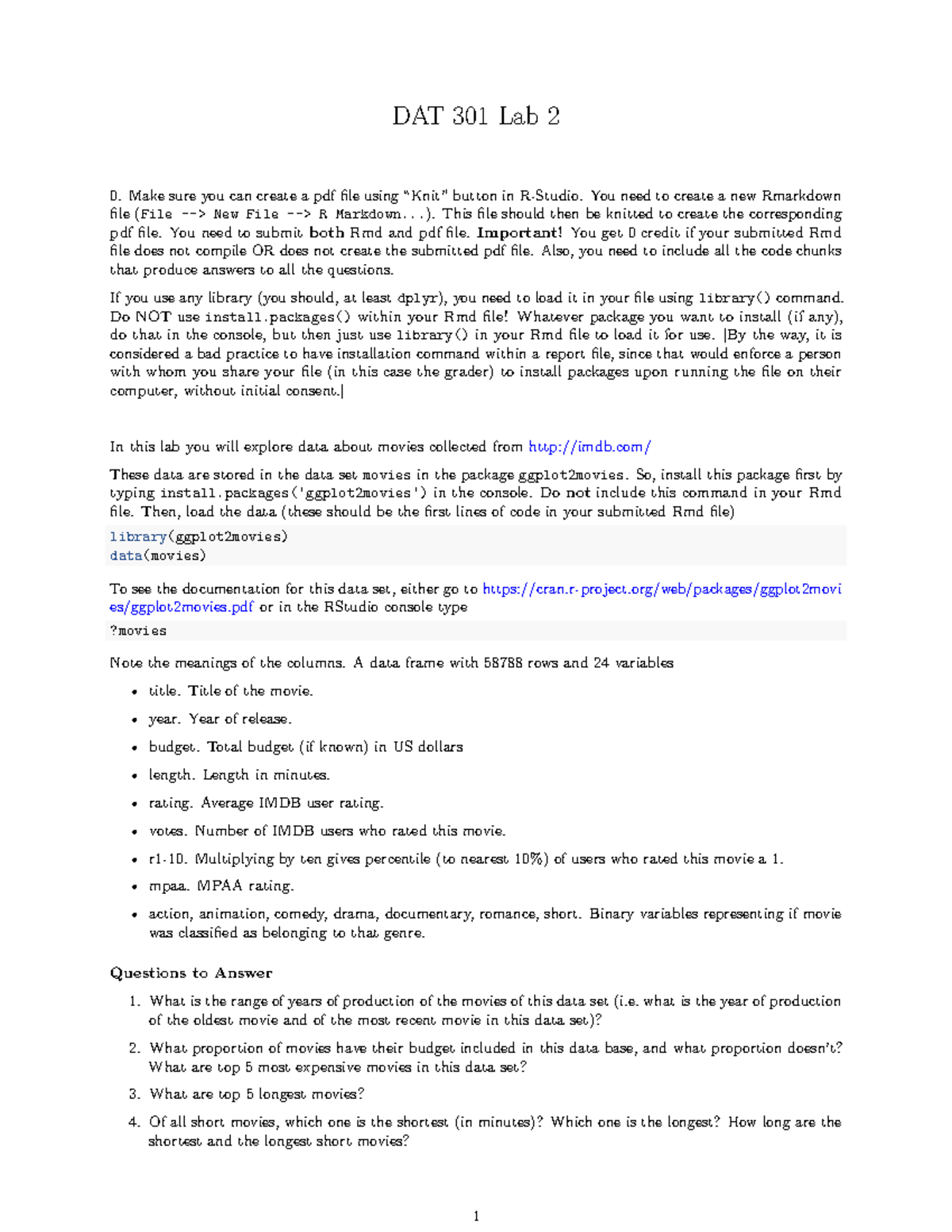 Lab2 - Lab 2 - DAT 301 Lab 2 Make sure you can create a pdf file using “Knit” button in R-Studio ...