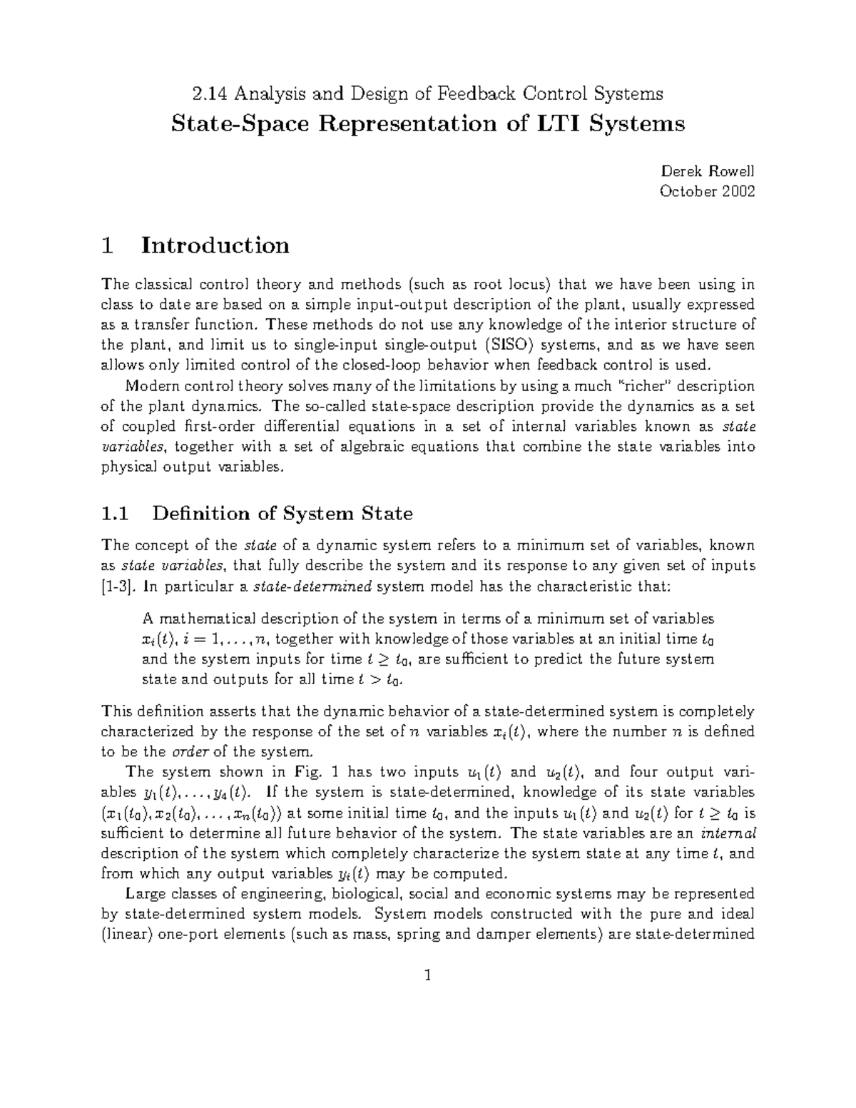 State Space Mit 2 Analysis And Design Of Feedback Control Systems