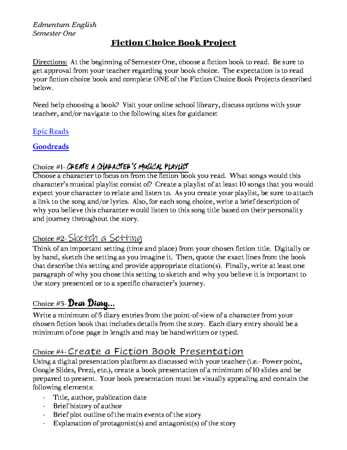 Fiction Choice Book Project- Semester 1 - Edmentum English Semester One ...
