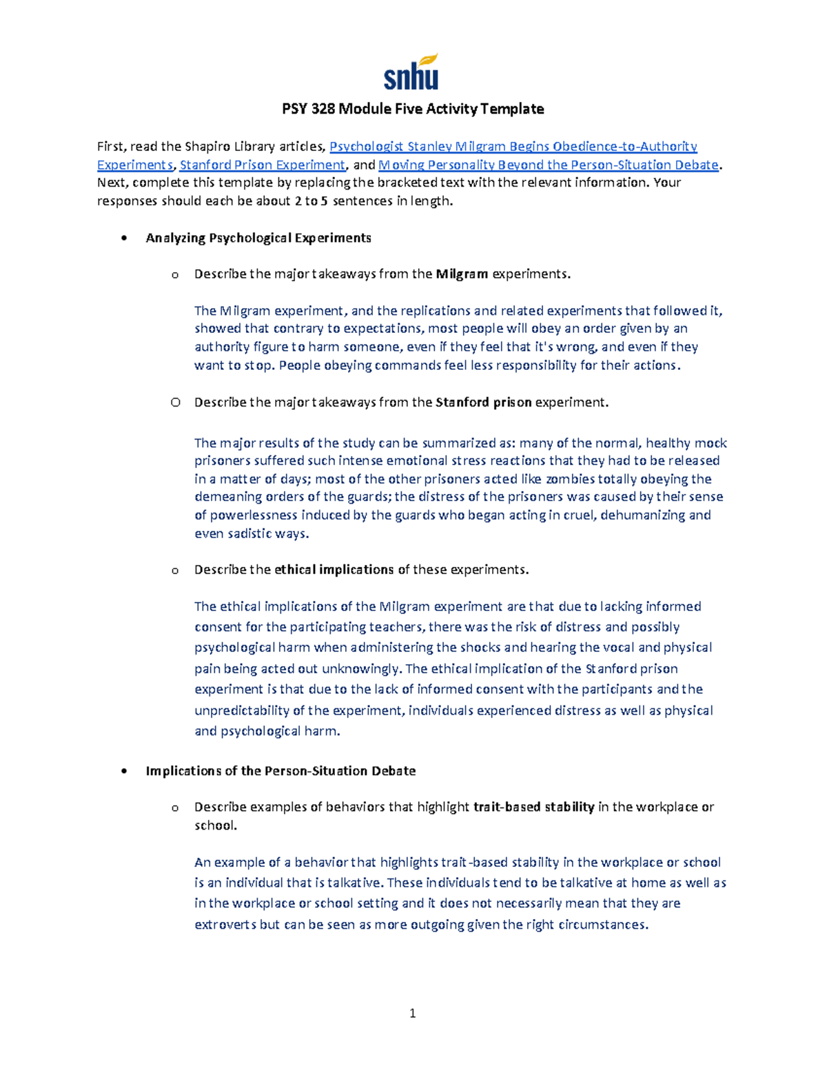 PSY 328 Module Five Activity Template - 1 PSY 328 Module Five Activity Template First, read the ...