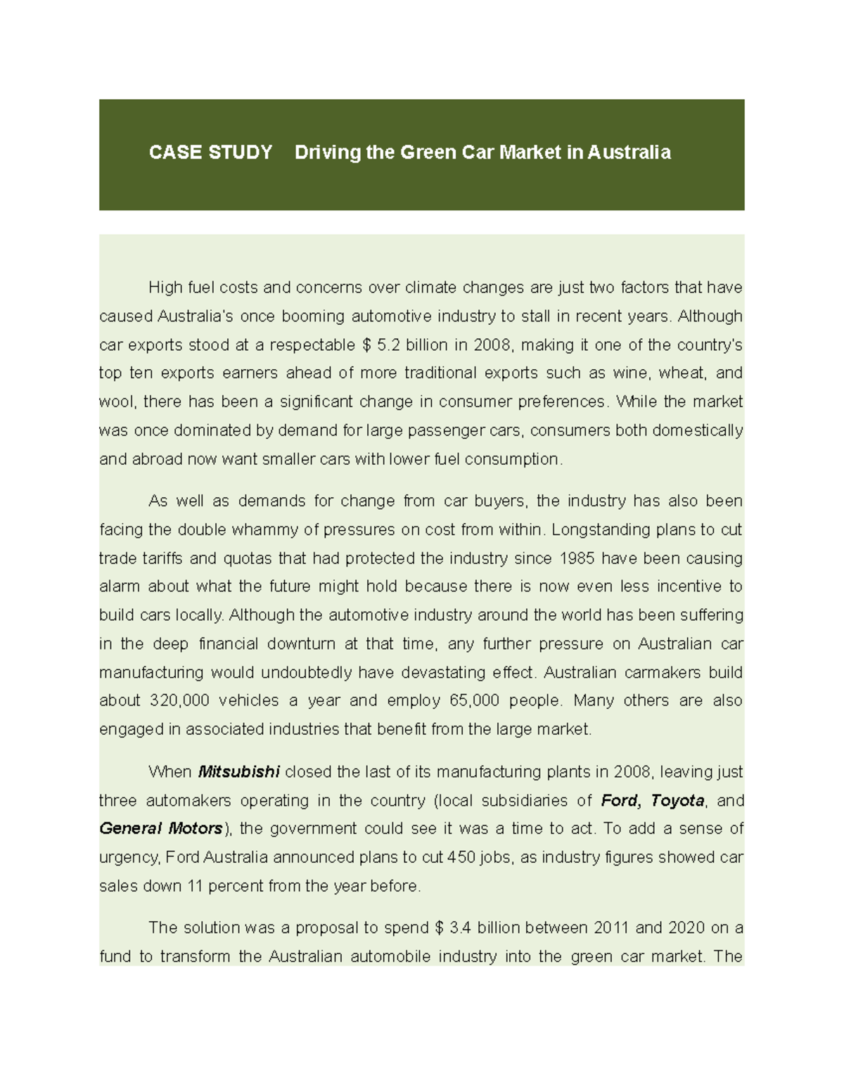 CASE Study Driving the Green Car Market in Australia - CASE STUDY ...