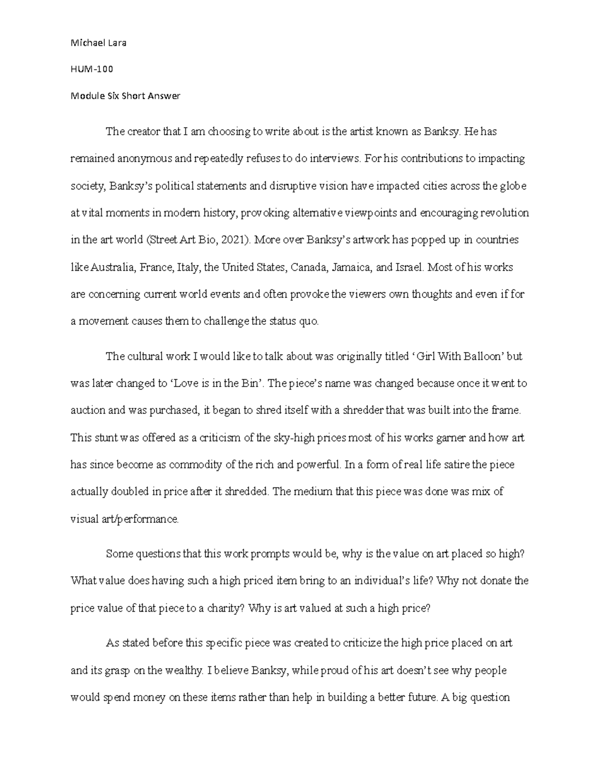 Module 6 short answer - Michael Lara HUM- Module Six Short Answer The ...
