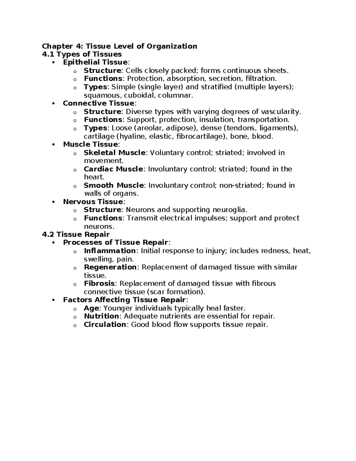 Chapter 4- Tissue Level of Organization - o Functions: Protection, absorption, secretion, - Studocu