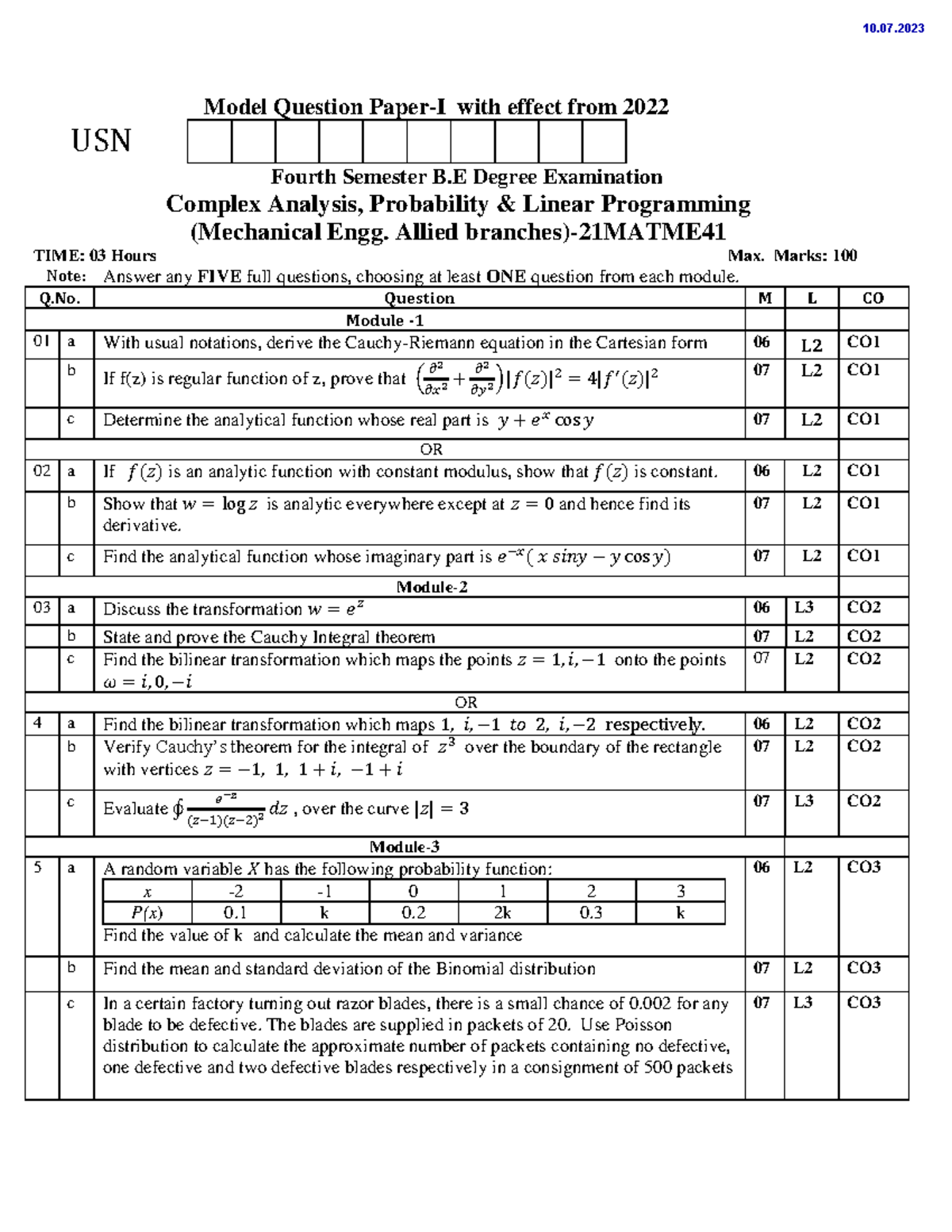21 Matme 41set1 - Model Question Paper-I with effect from 2022 USN ...