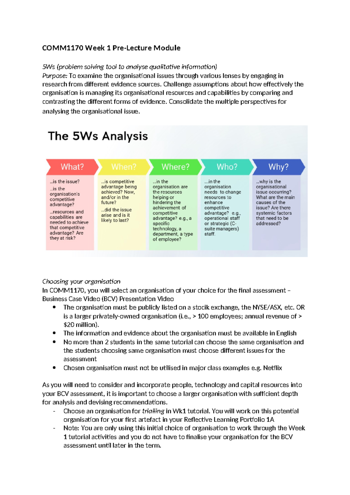 COMM1170 Week 1 Pre-Lecture - COMM1170 Week 1 Pre-Lecture Module 5Ws (problem solving tool to ...