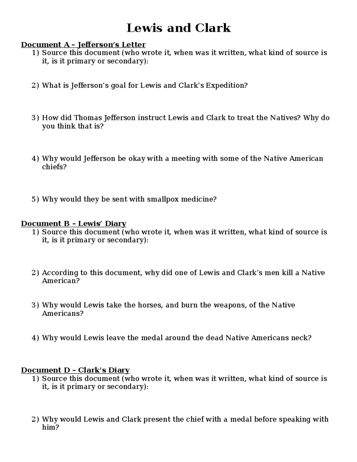 Lewis and Clark RLAH Questions - Lewis and Clark Document A – Jefferson ...