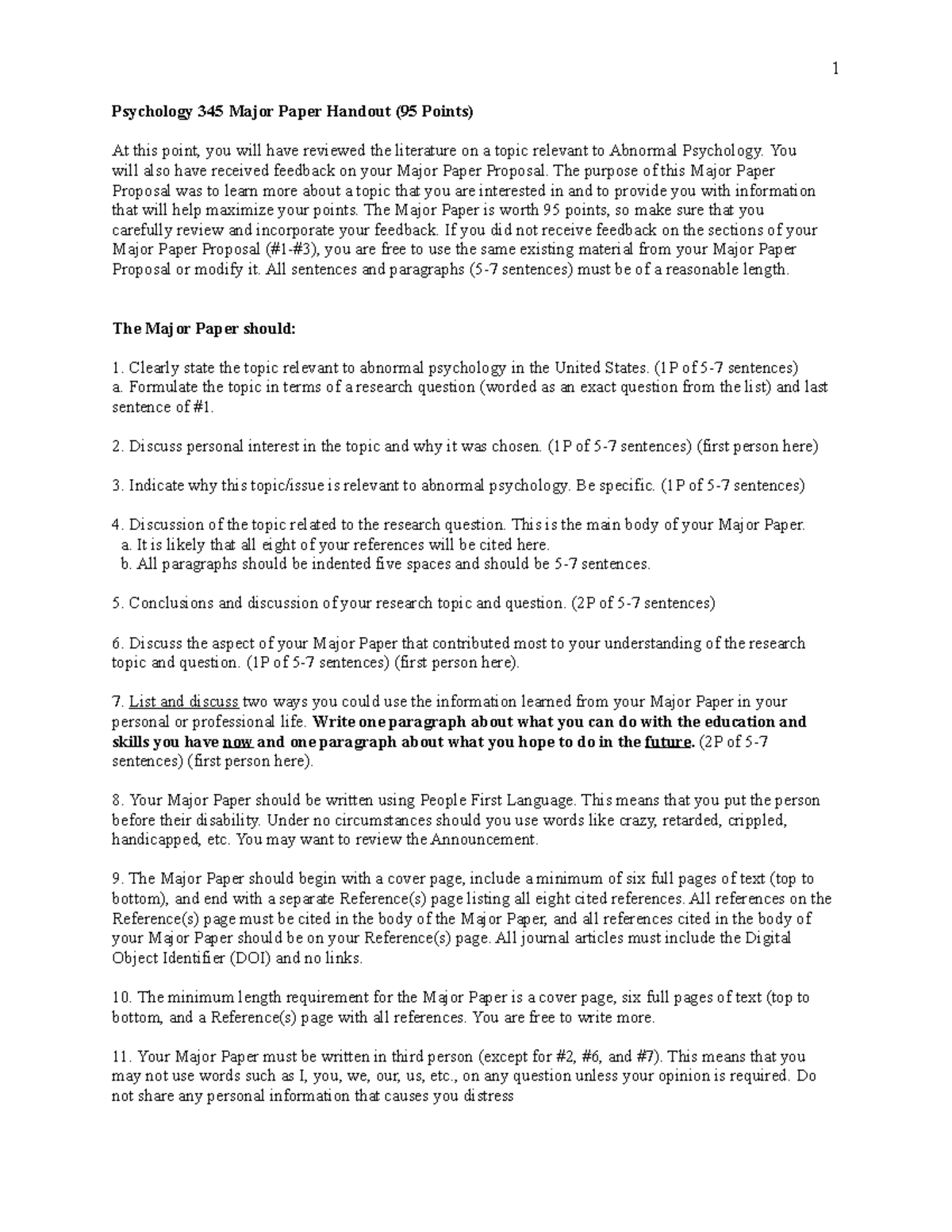 Psy 345 Summer Major Paper Handout - 1 Psychology 345 Major Paper ...