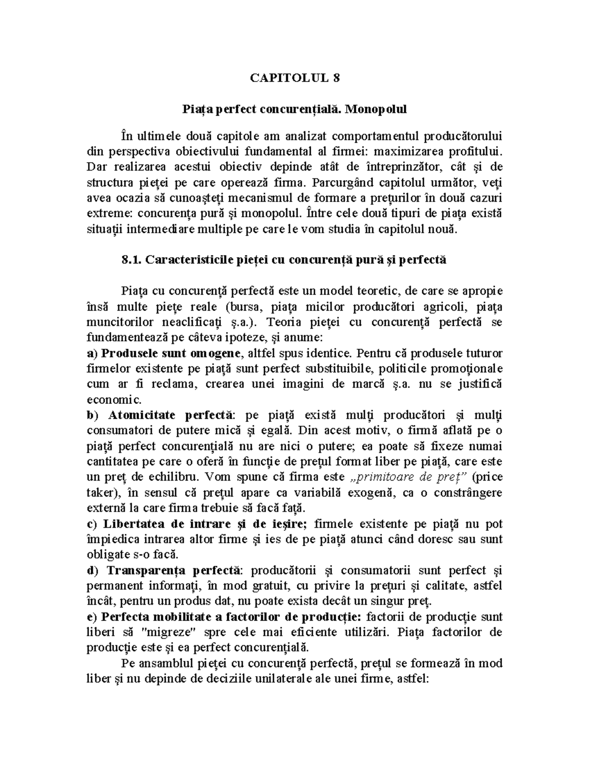 Concurenta perfecta Monopol - CAPITOLUL 8 Piaţa perfect concurenţială ...
