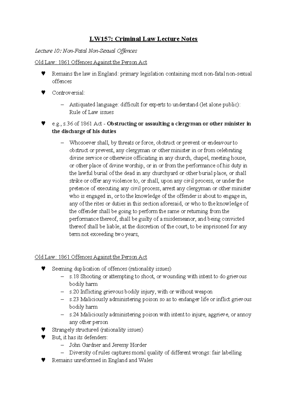 Criminal Law I lecture notes, Lecture 10 notes - LW157: Criminal Law ...