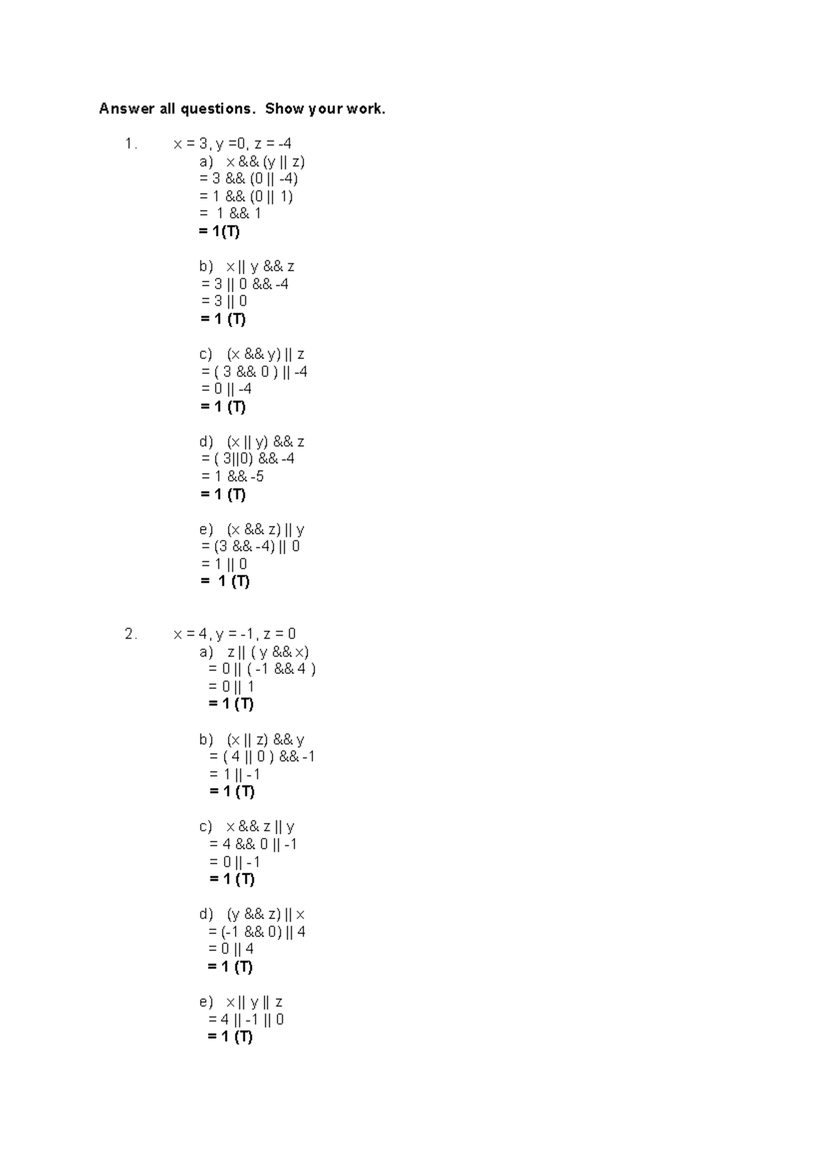 Tutorial 4 - Answer all questions. Show your work. 1. x = 3, y =0, z ...