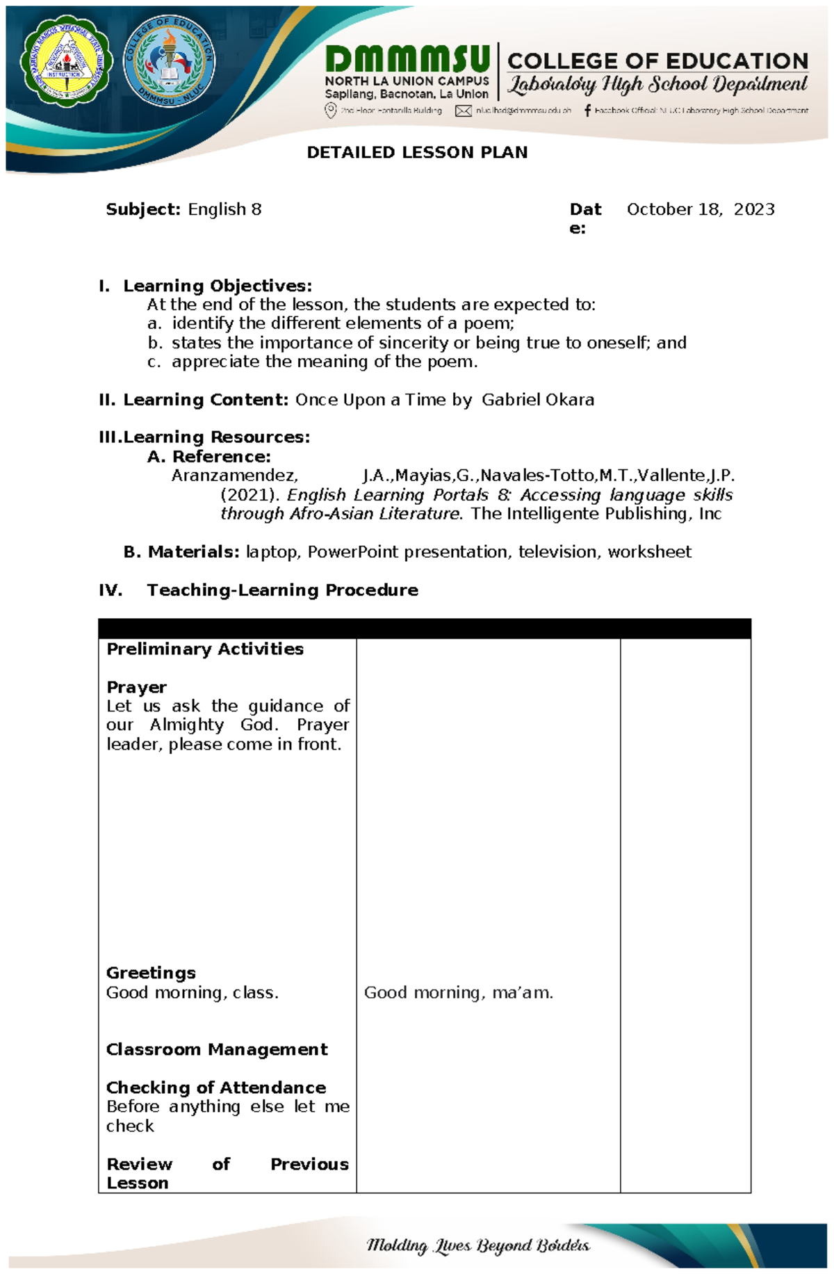LP-4 Once-Upon-a-Time - ` DETAILED LESSON PLAN Subject: English 8 Dat e ...