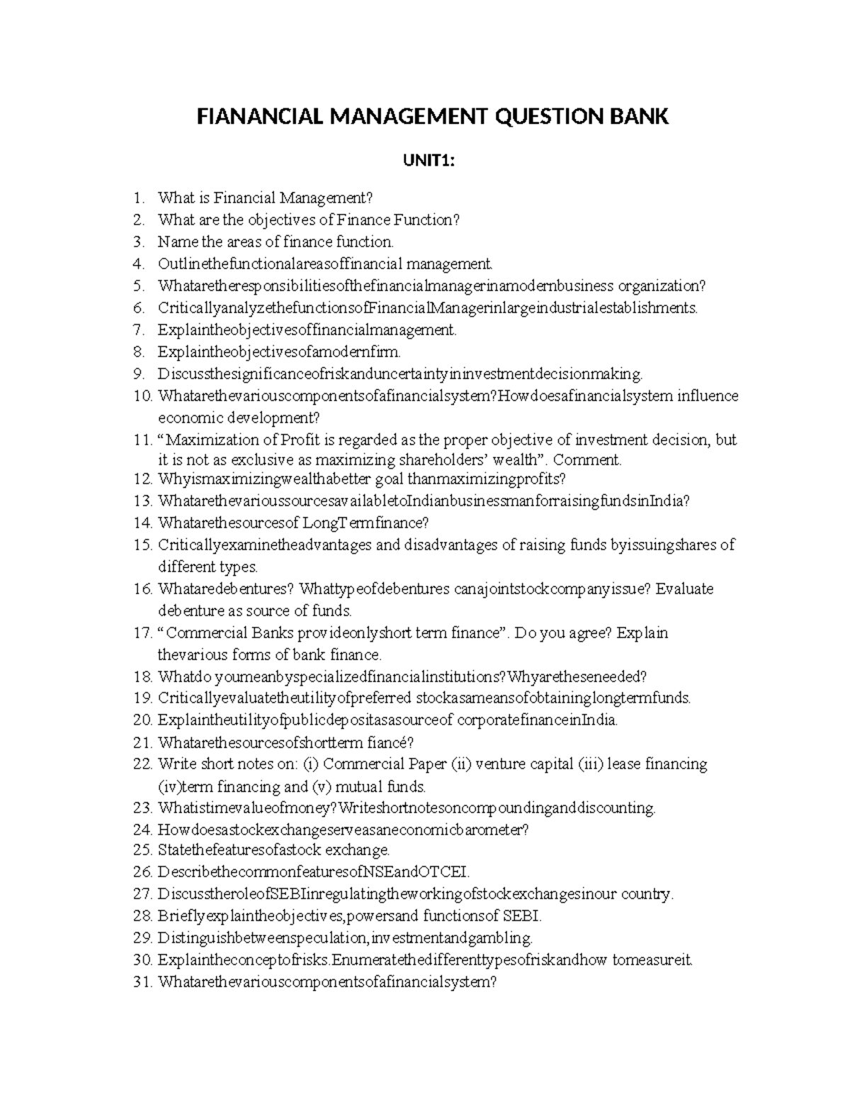 Fm qb - FIANANCIAL MANAGEMENT QUESTION BANK UNIT1: What is Financial ...
