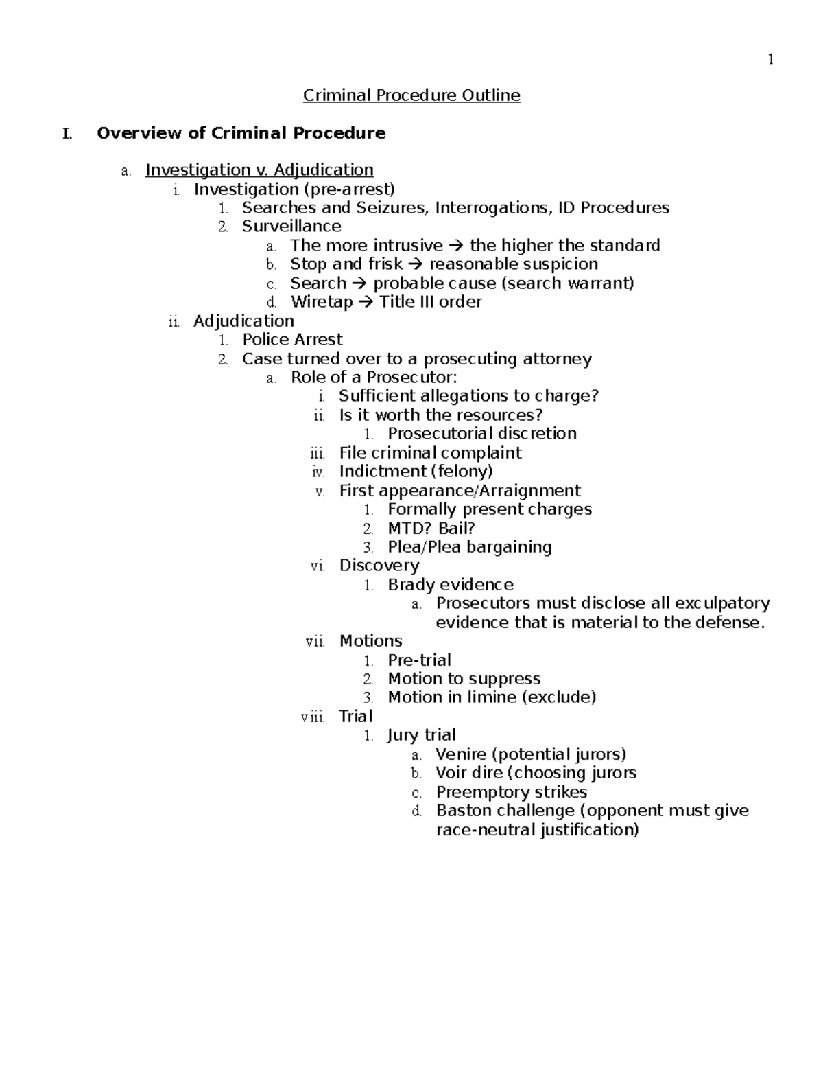 Criminal Procedure Outline - Overview of Criminal Procedure a ...