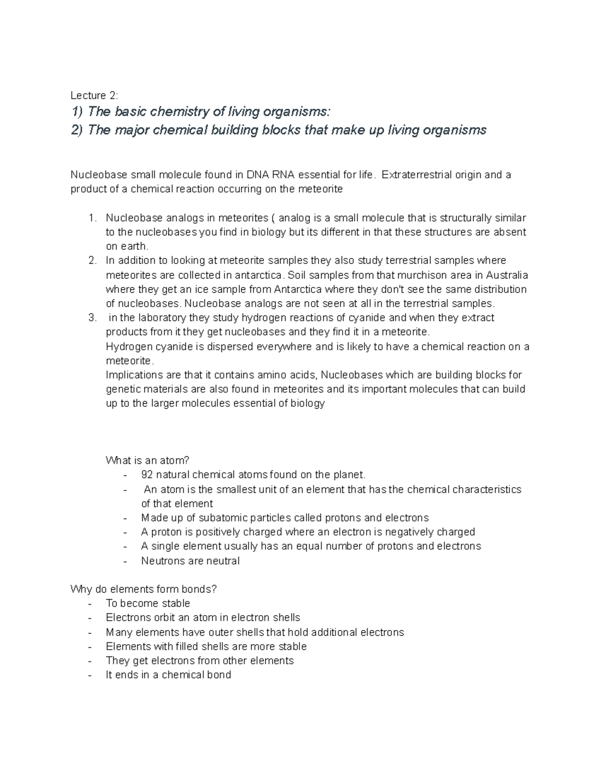Essentials of Biology lecture 2 - Lecture 2: 1) The basic chemistry of ...