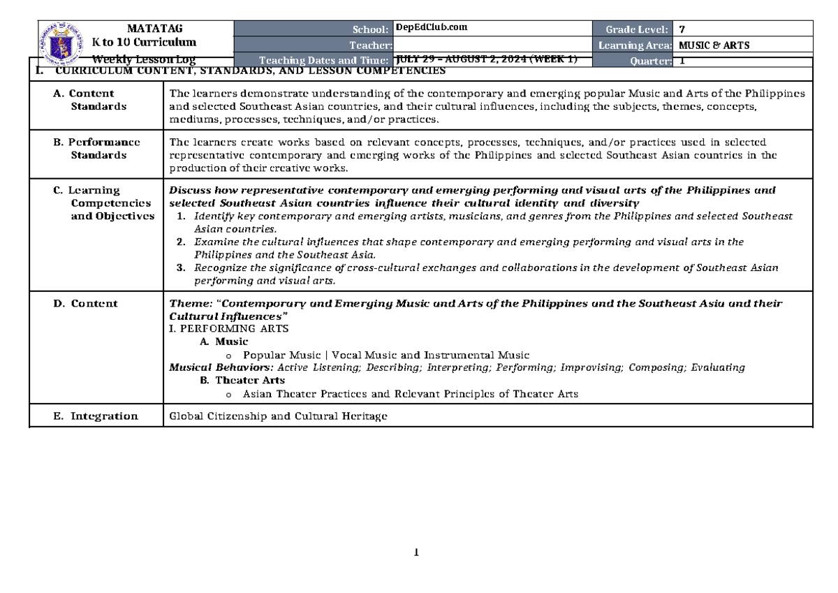 DLL Matatag Music&ARTS 7 Q1 W1 - I. CURRICULUM CONTENT, STANDARDS, AND LESSON COMPETENCIES A ...