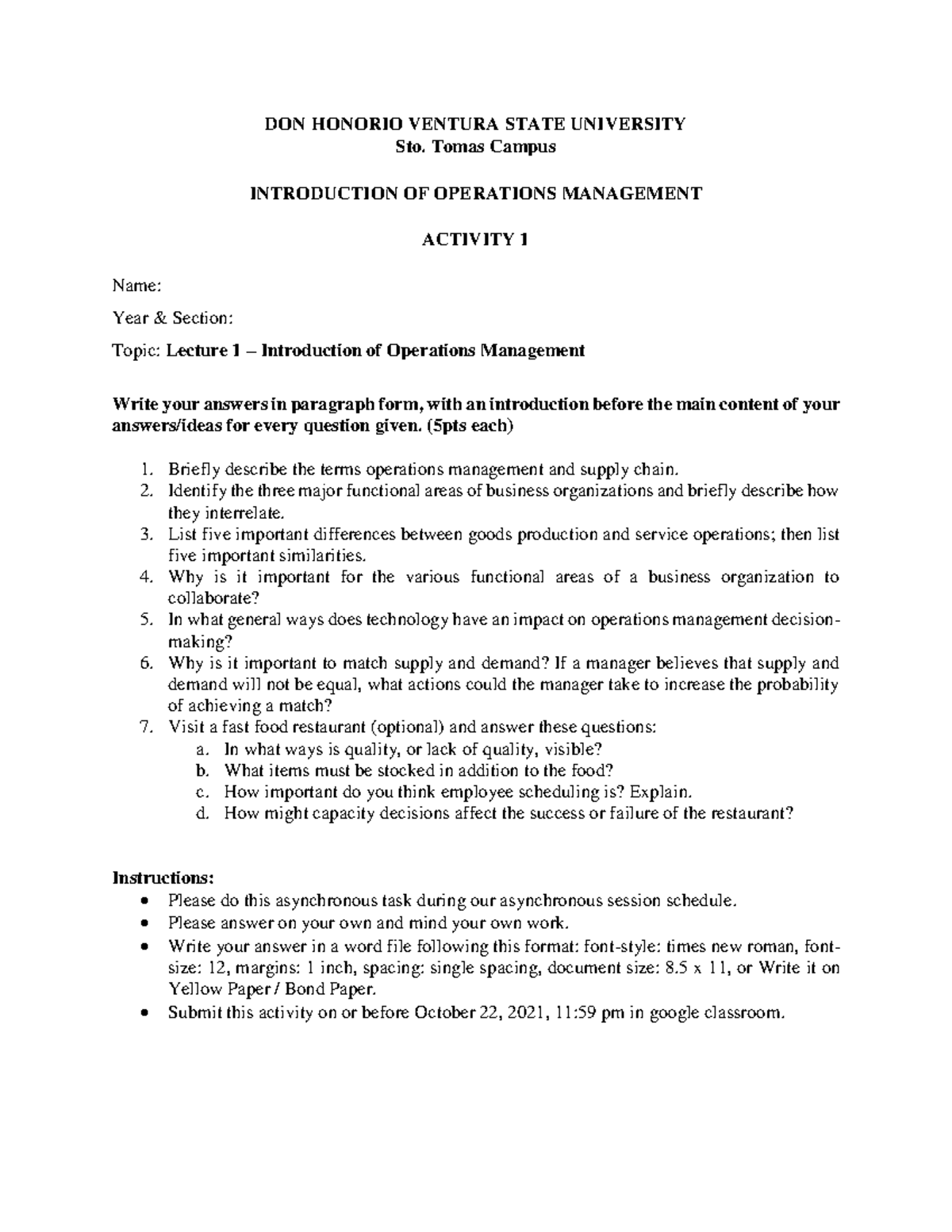Activity 1 - Introduction of Operations Management - DON HONORIO VENTURA STATE UNIVERSITY Sto ...