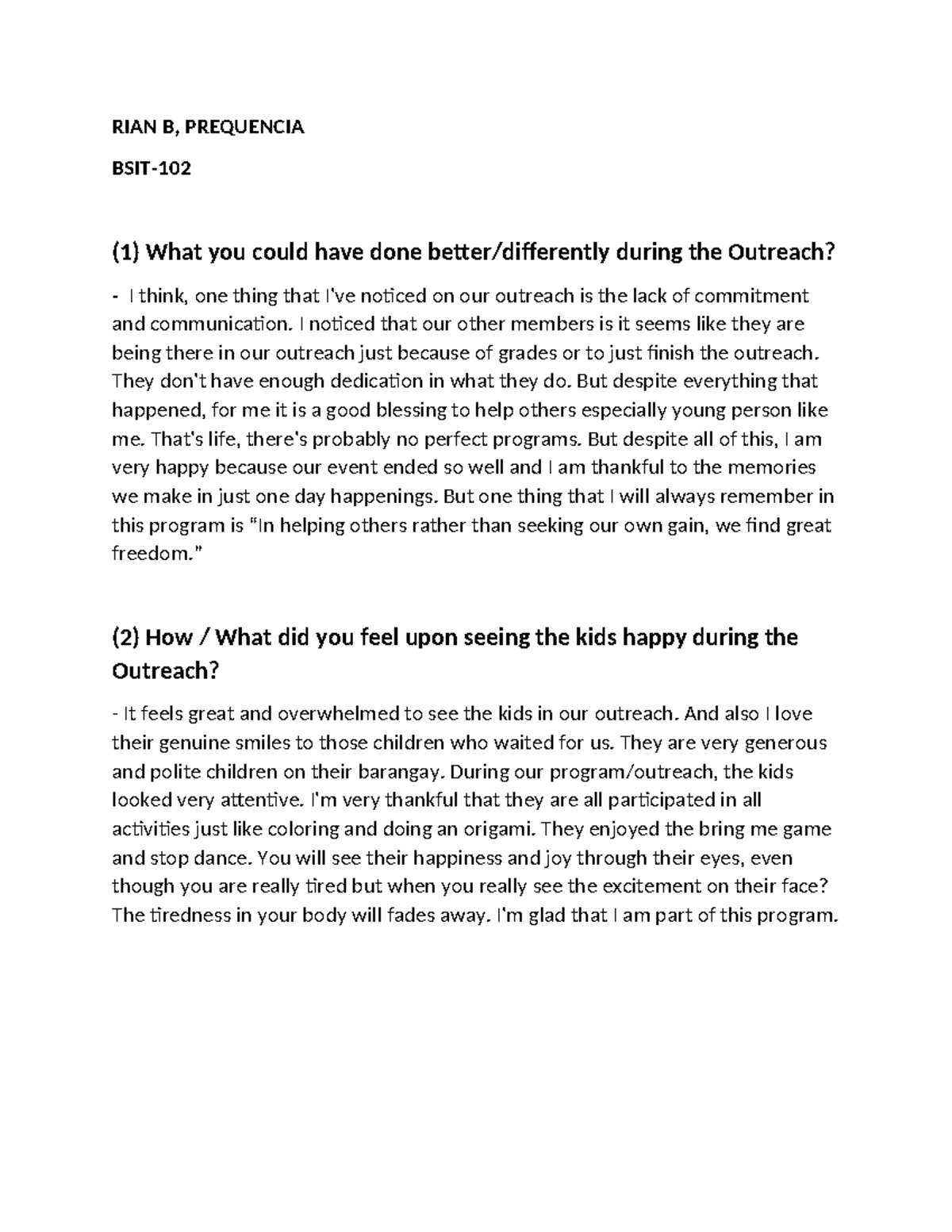 Reflection Paper NSTP - RIAN B, PREQUENCIA BSIT- (1) What you could ...