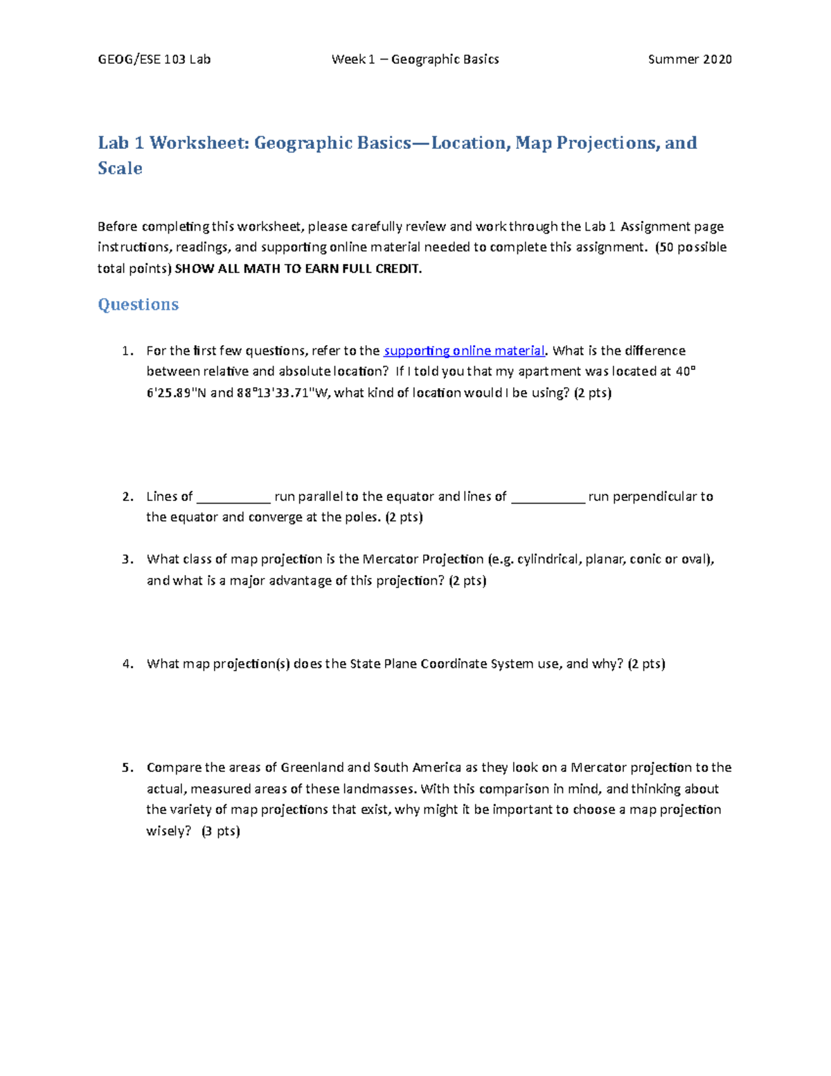 S GEOG lab 1 - lab - Lab 1 Worksheet: Geographic Basics—Location, Map ...