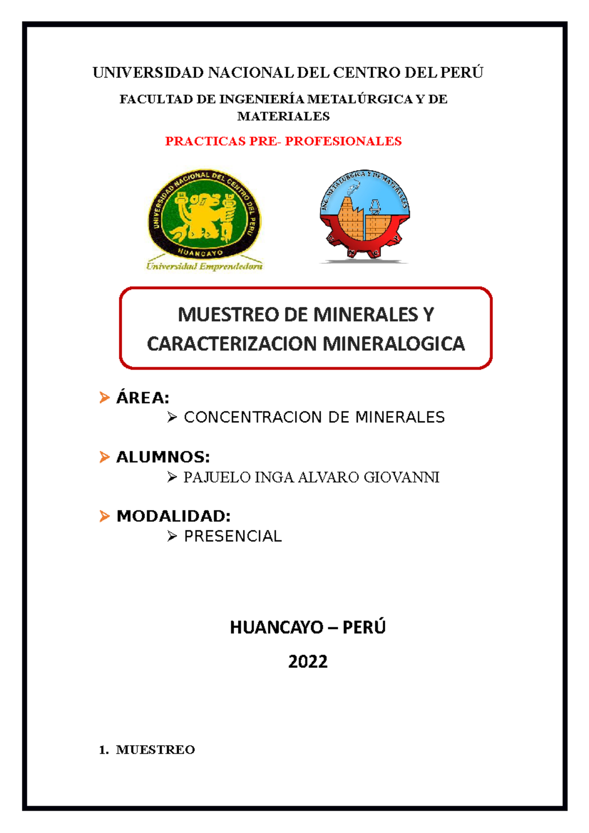 Muestreo Y Caracterizacion Mineralogica - UNIVERSIDAD NACIONAL DEL ...