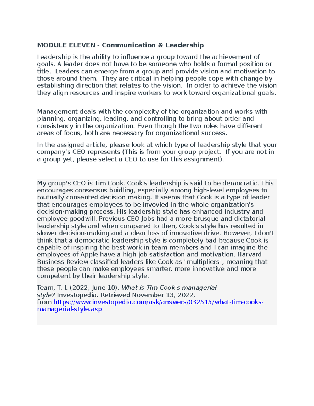 Module Eleven In Class Writing - MODULE ELEVEN - Communication ...