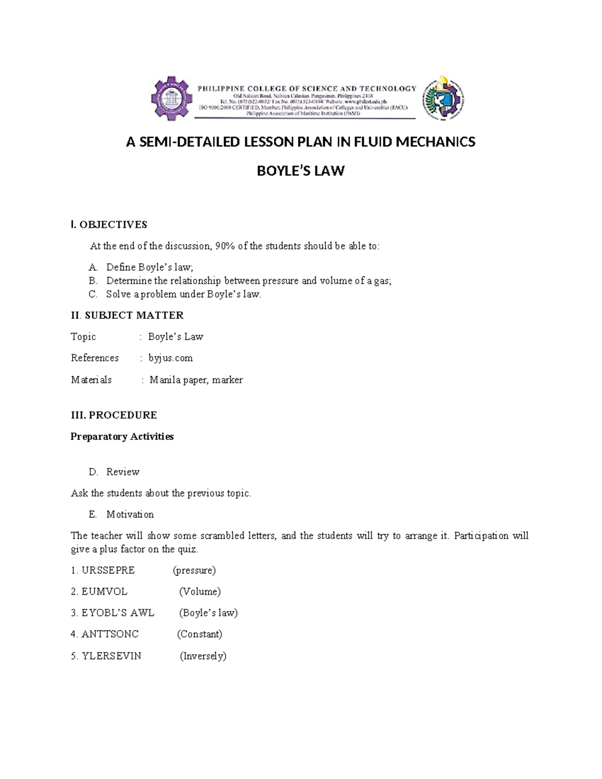 Kistelgabris - mmcvbnm - A SEMI-DETAILED LESSON PLAN IN FLUID MECHANICS ...