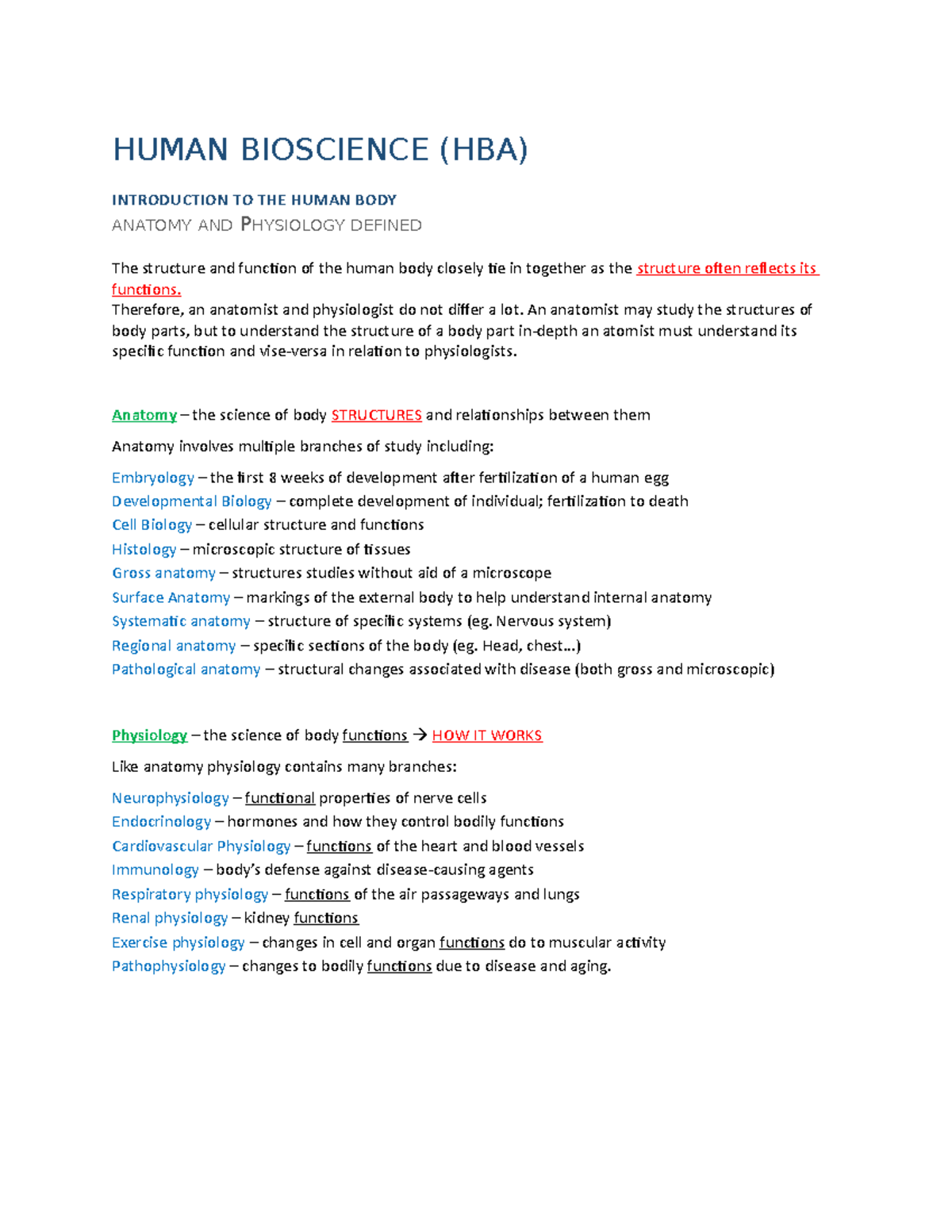 Human Bioscience - Summary notes for the week 1 and some of week 2 ...