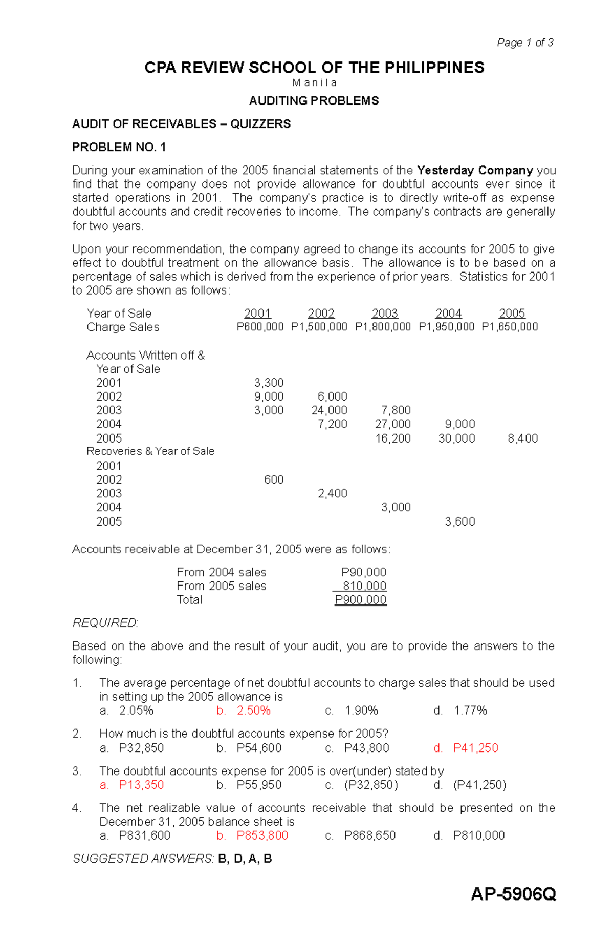Audit Receivables - Page 1 of 3 CPA REVIEW SCHOOL OF THE PHILIPPINES M ...