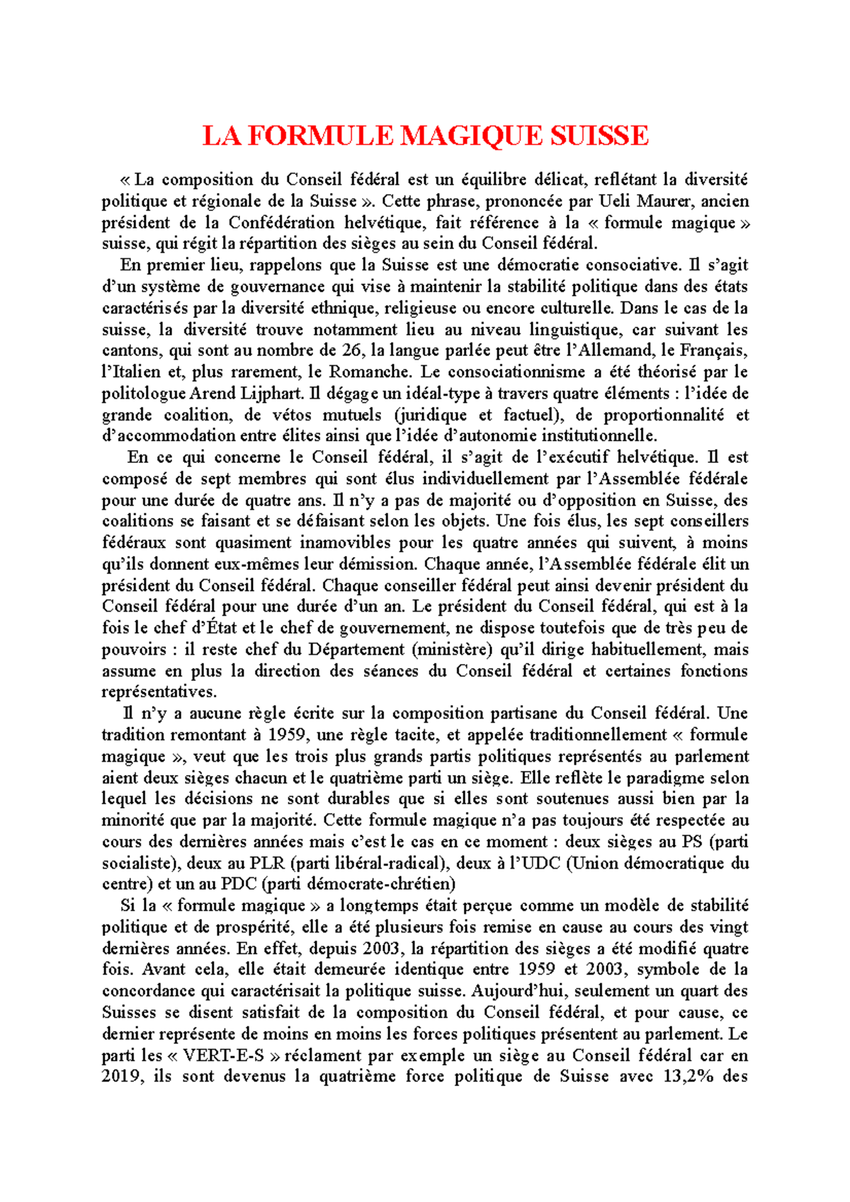 Plan détaillé formule magique suisse - LA FORMULE MAGIQUE SUISSE « La ...