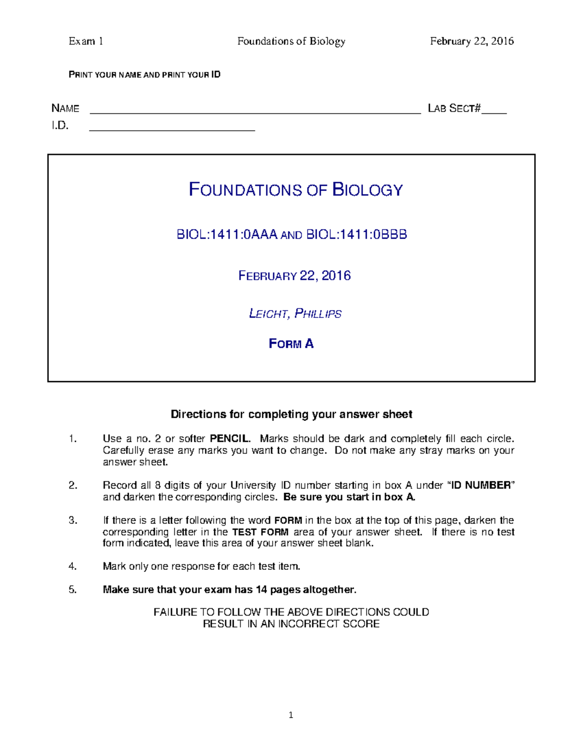 Exam 1 - Practice Exam v II - PRINT YOUR NAME AND PRINT YOUR ID NAME ...