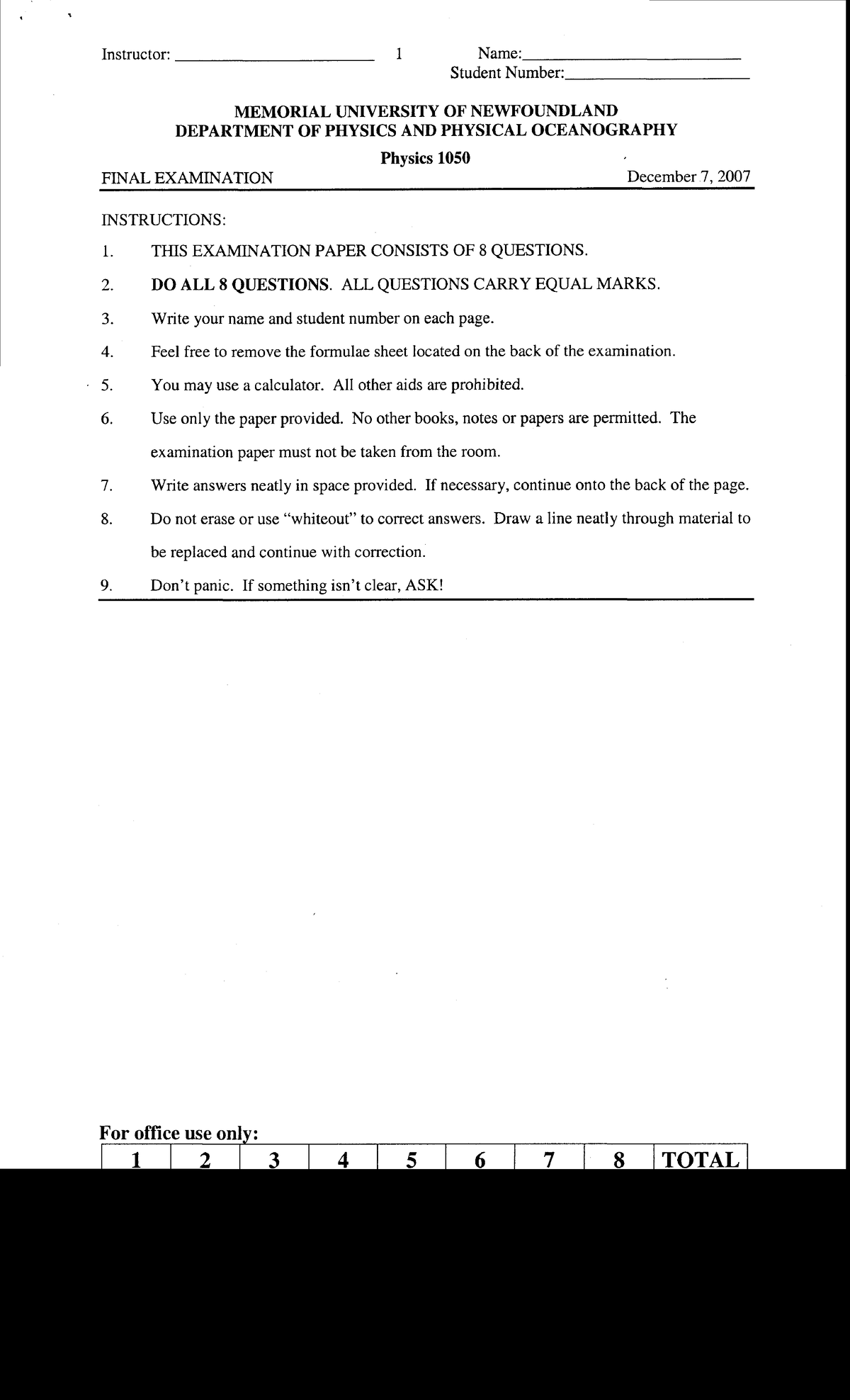 P1050F07 Final exam 2007 ICM - PHYS 1050 - Studocu