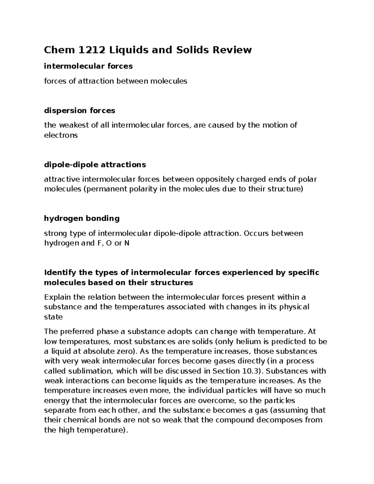 Chem 1212 Liquids and Solids Review - Chem 1212 Liquids and Solids ...
