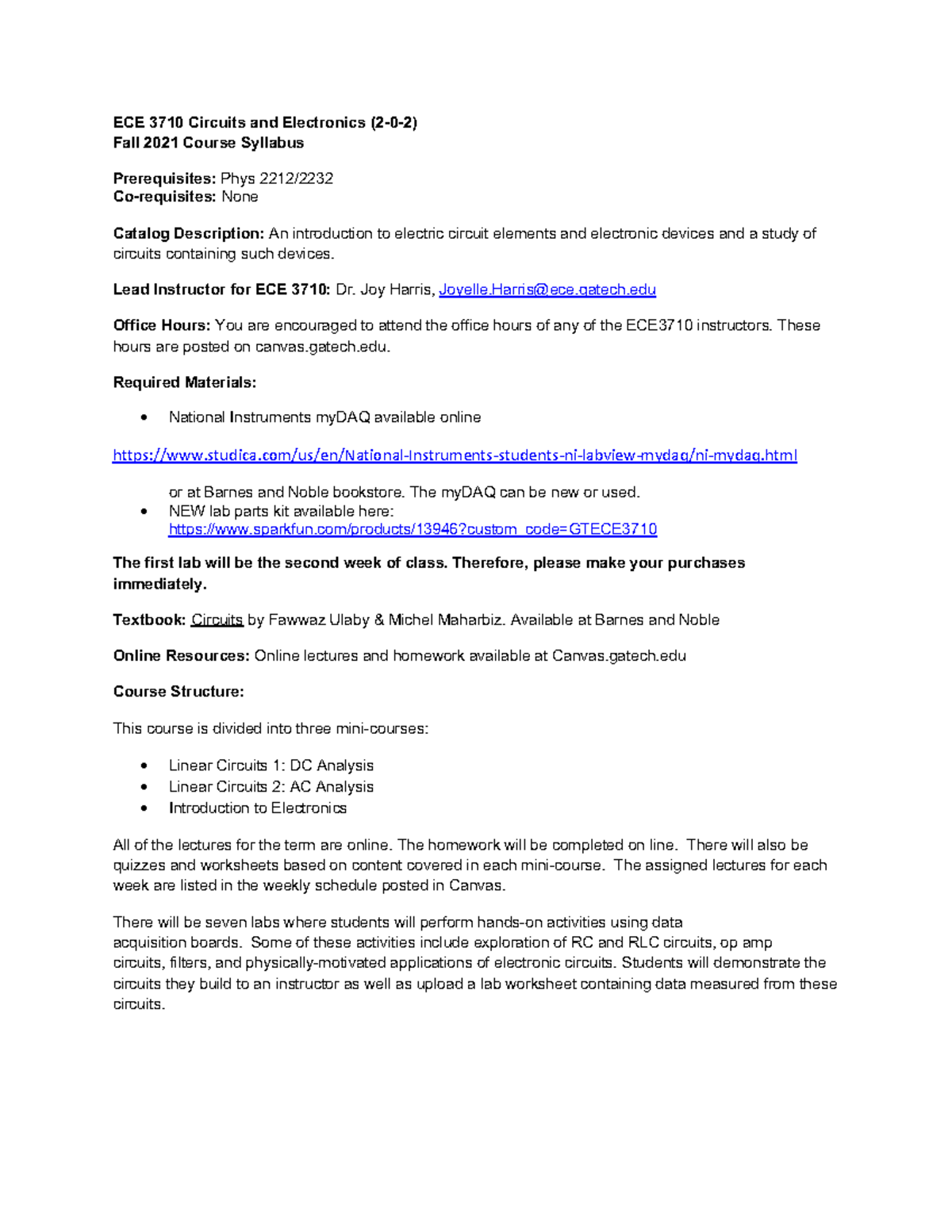 ECE 3710 Circuits and Electronics Fall 2021 Syllabus - ECE 3040 ...