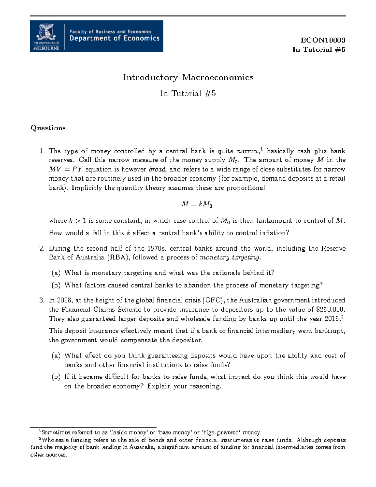 Tutorial 5 Tutor Guide Econ In Tutorial Introductory Macroeconomics In Tutorial Questions