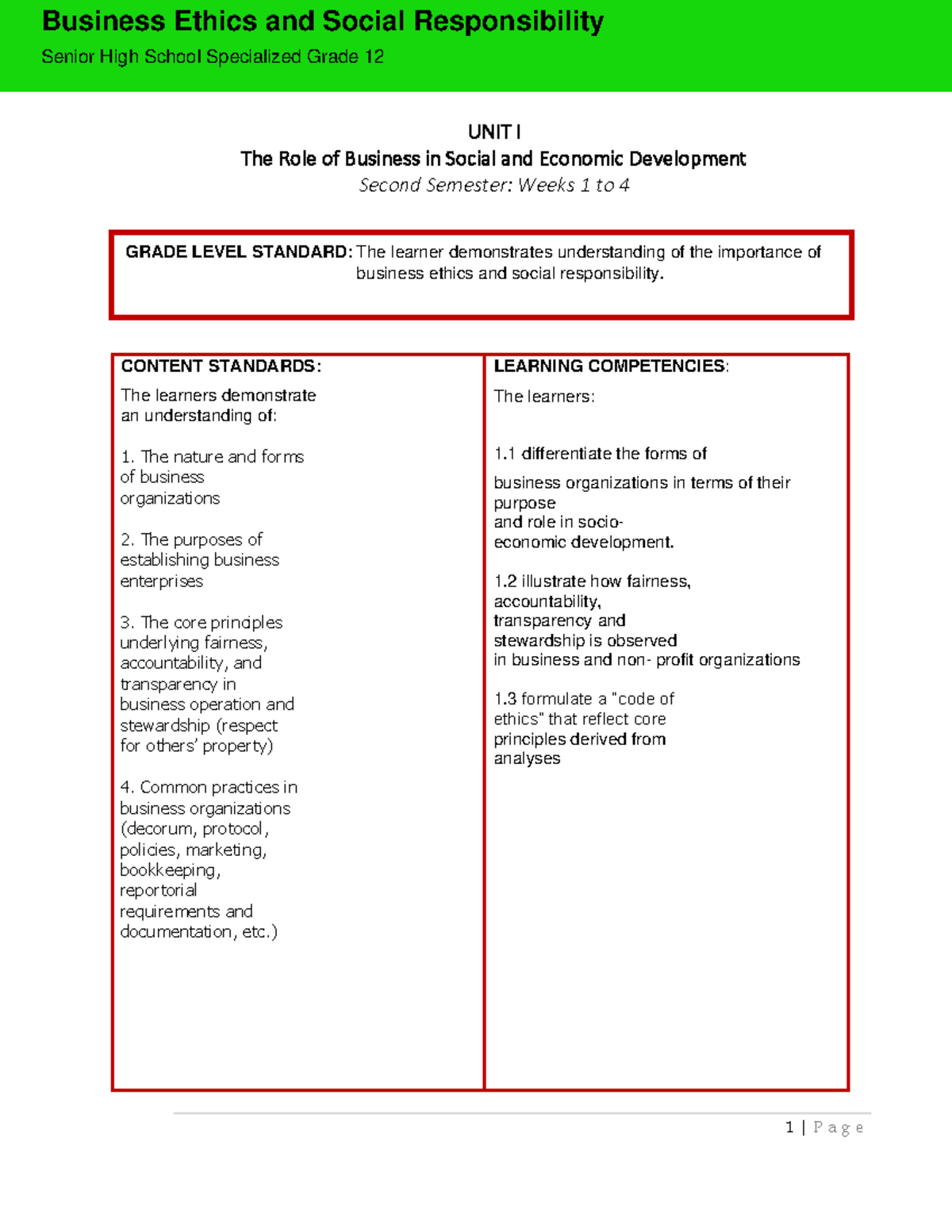 Bus ethics - ethical - Senior High School Specialized Grade 12 UNIT I ...