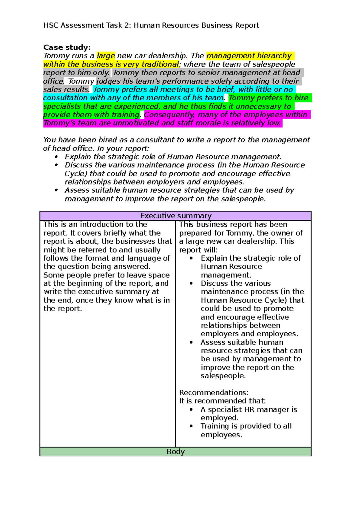 BS Report Assessment - Human Resources - Case study: Tommy runs a large ...