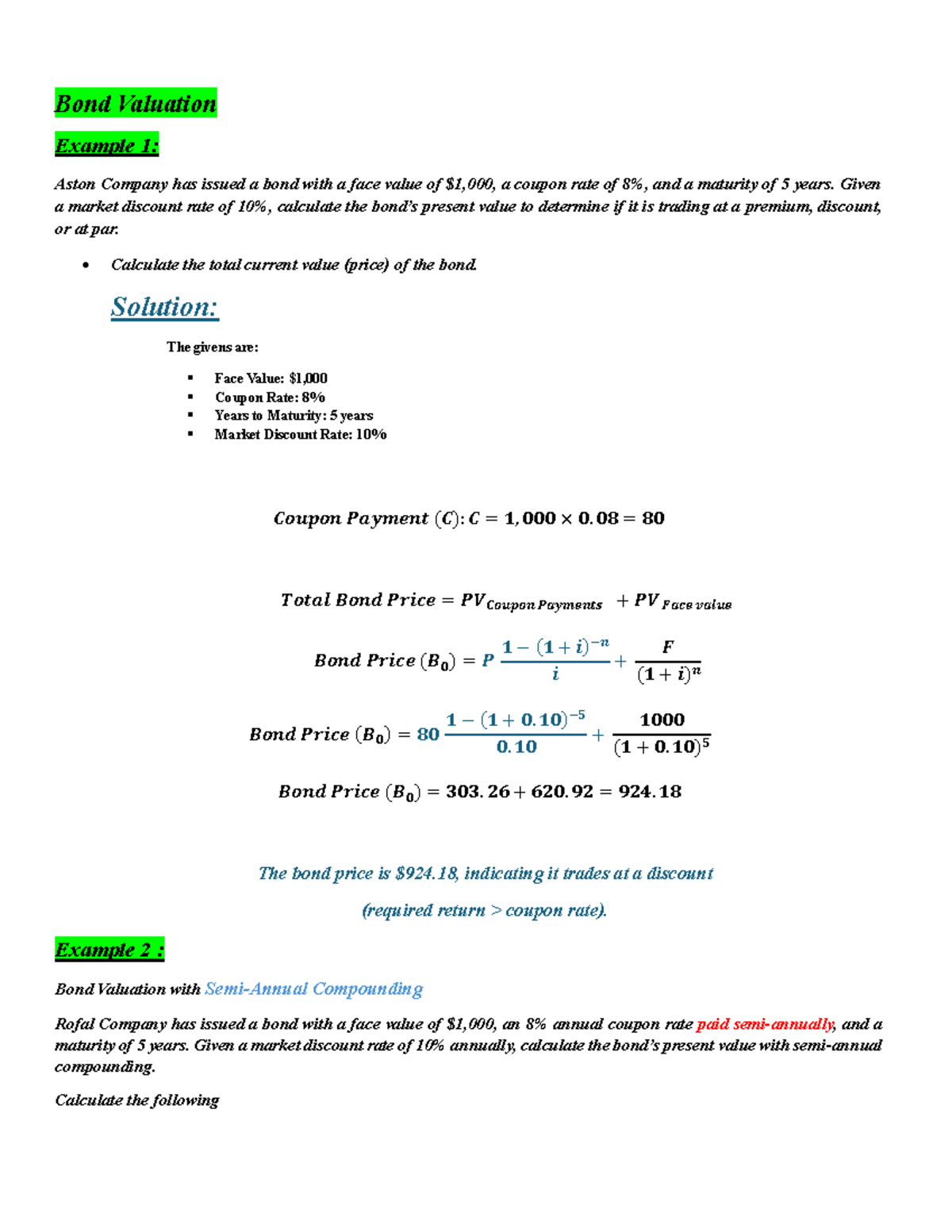 Revision sheet Finc409 - Bond Valuation Example 1: Aston Company has ...