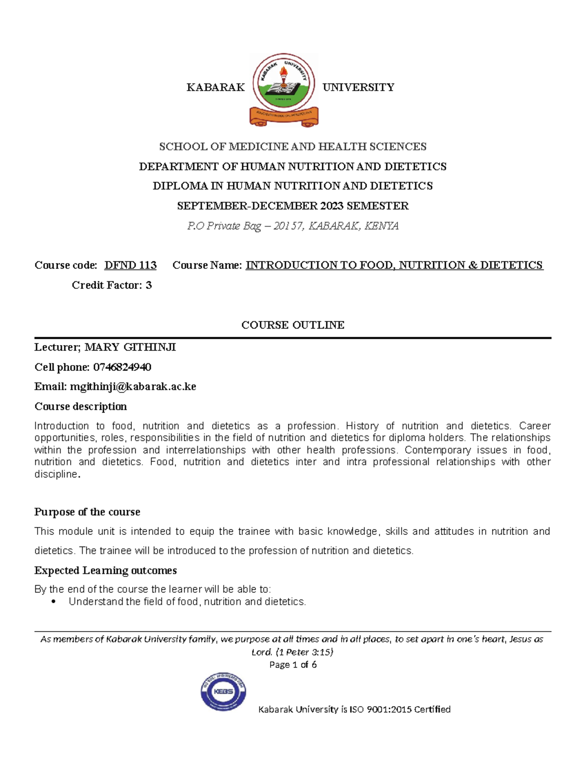 DFND 113 Introduction TO FOOD, Nutrition & Dietetics Course Outline ...